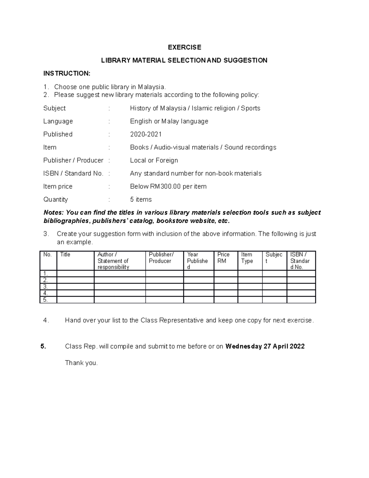 IML154 Tutorial 1 - EXERCISE LIBRARY MATERIAL SELECTION AND SUGGESTION ...