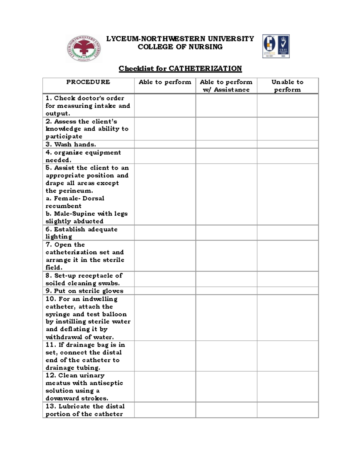Checkilst-for-catheterization - LYCEUM-NORTHWESTERN UNIVERSITY COLLEGE ...