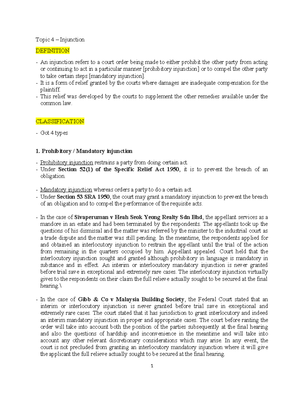 Topic 4 - Injunction - NOTES - Topic 4 – Injunction DEFINITION An ...