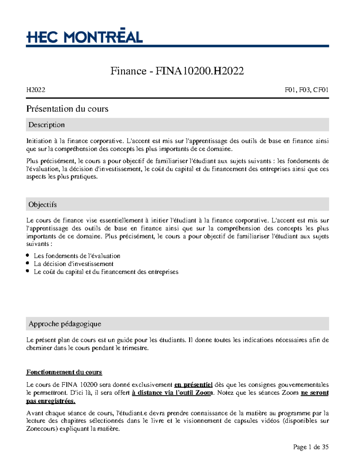 Plan de cours finance 10200 - F01, F03, CF01H Finance - FINA10200 ...