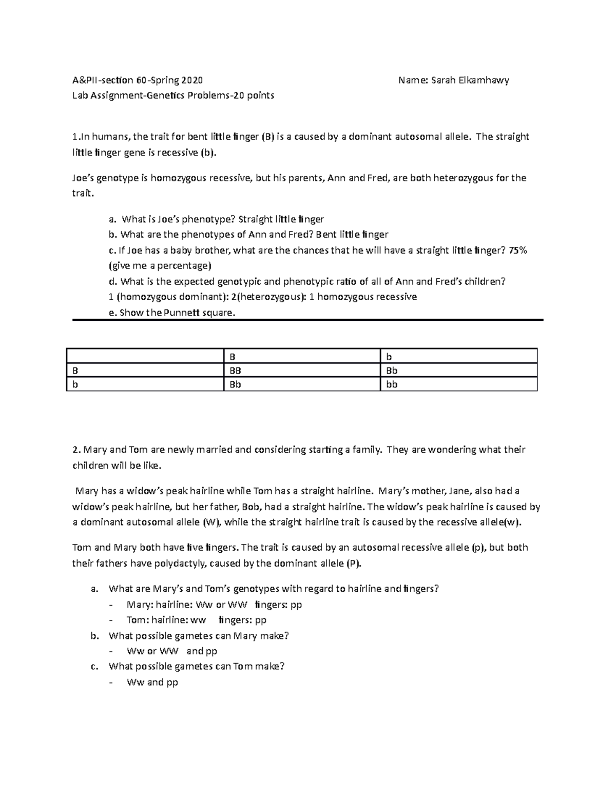 Genetics assign - A&PII-section 60-Spring 2020 Name: Sarah Elkamhawy ...