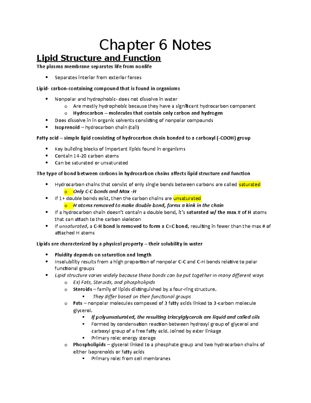 Chapter 6 Notes - Bio 120 w/Mountjoy - Chapter 6 Notes Lipid Structure ...