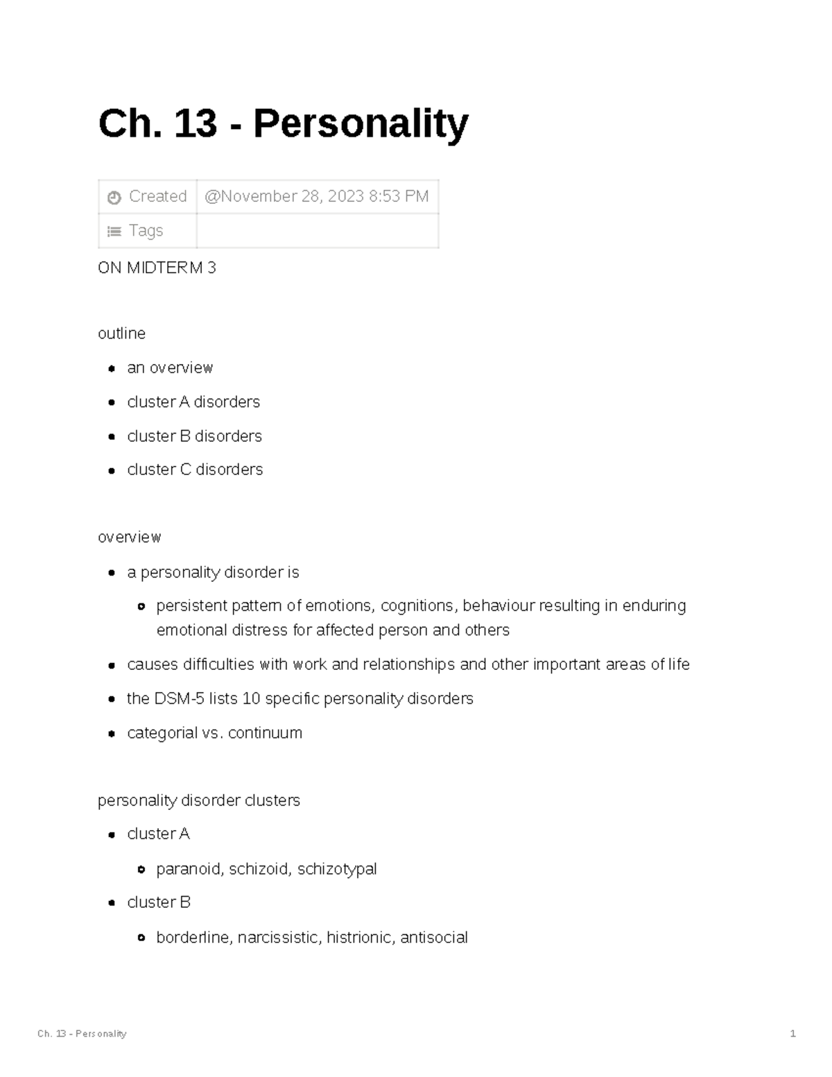 Ch.13 - Personality - Ch. 13 - Personality Created Tags ON MIDTERM 3 outline an overview cluster ...
