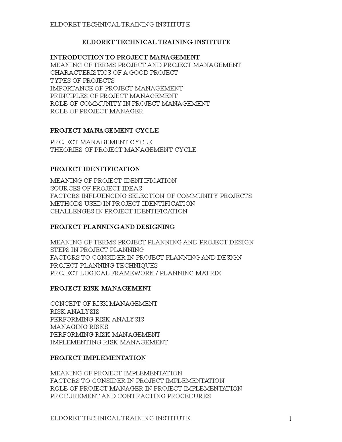 Project Managementrevised-1 - ELDORET TECHNICAL TRAINING INSTITUTE ...