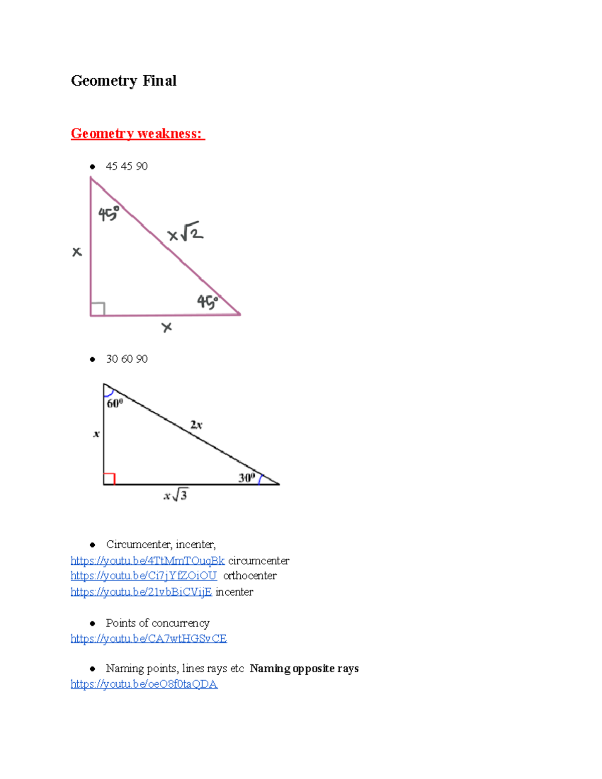 Geometry Final - Geometry Final Geometry weakness: 45 45 90 30 60 90 ...