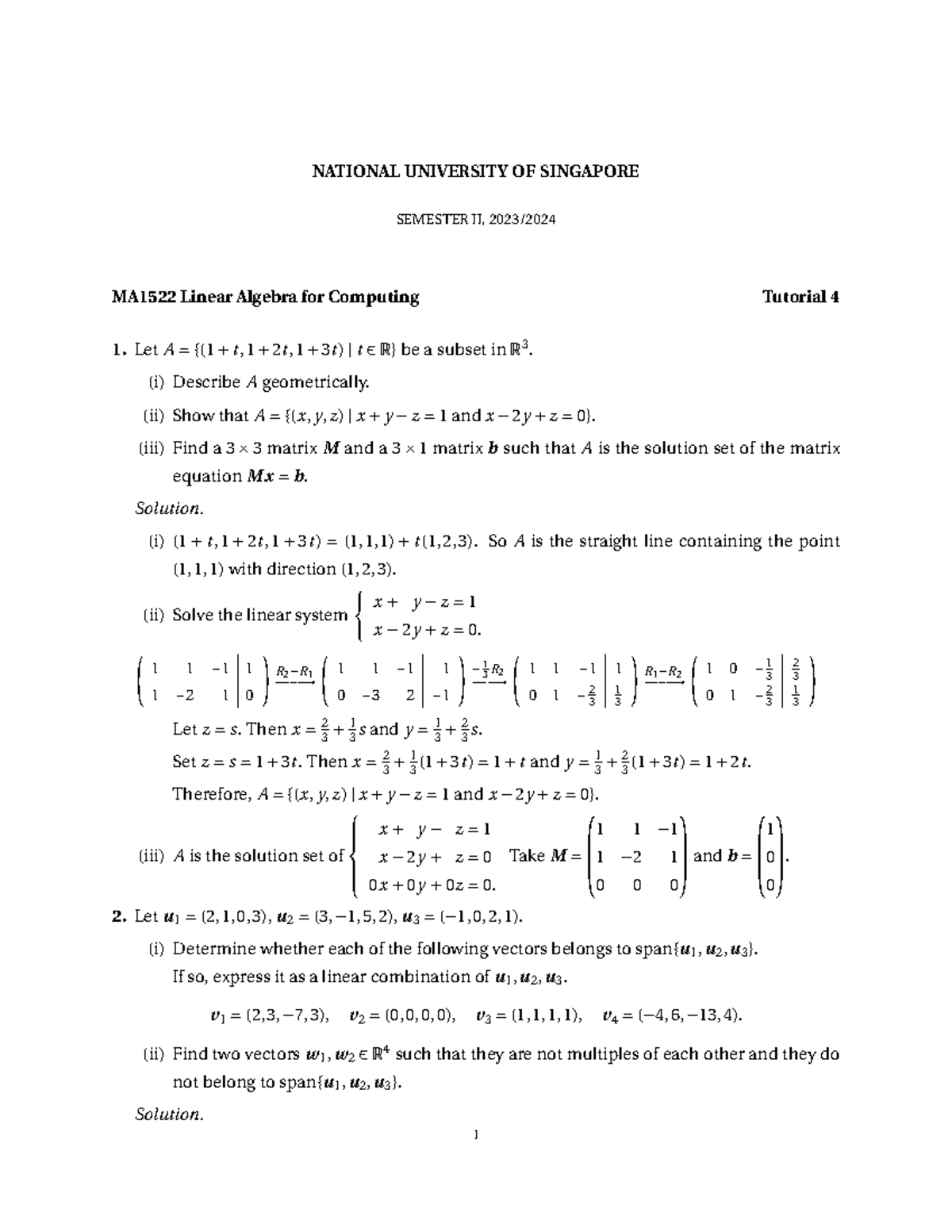 Tut4s - TUTORIAL WORK - NATIONAL UNIVERSITY OF SINGAPORE SEMESTER II, 2023/ MA1522 Linear ...