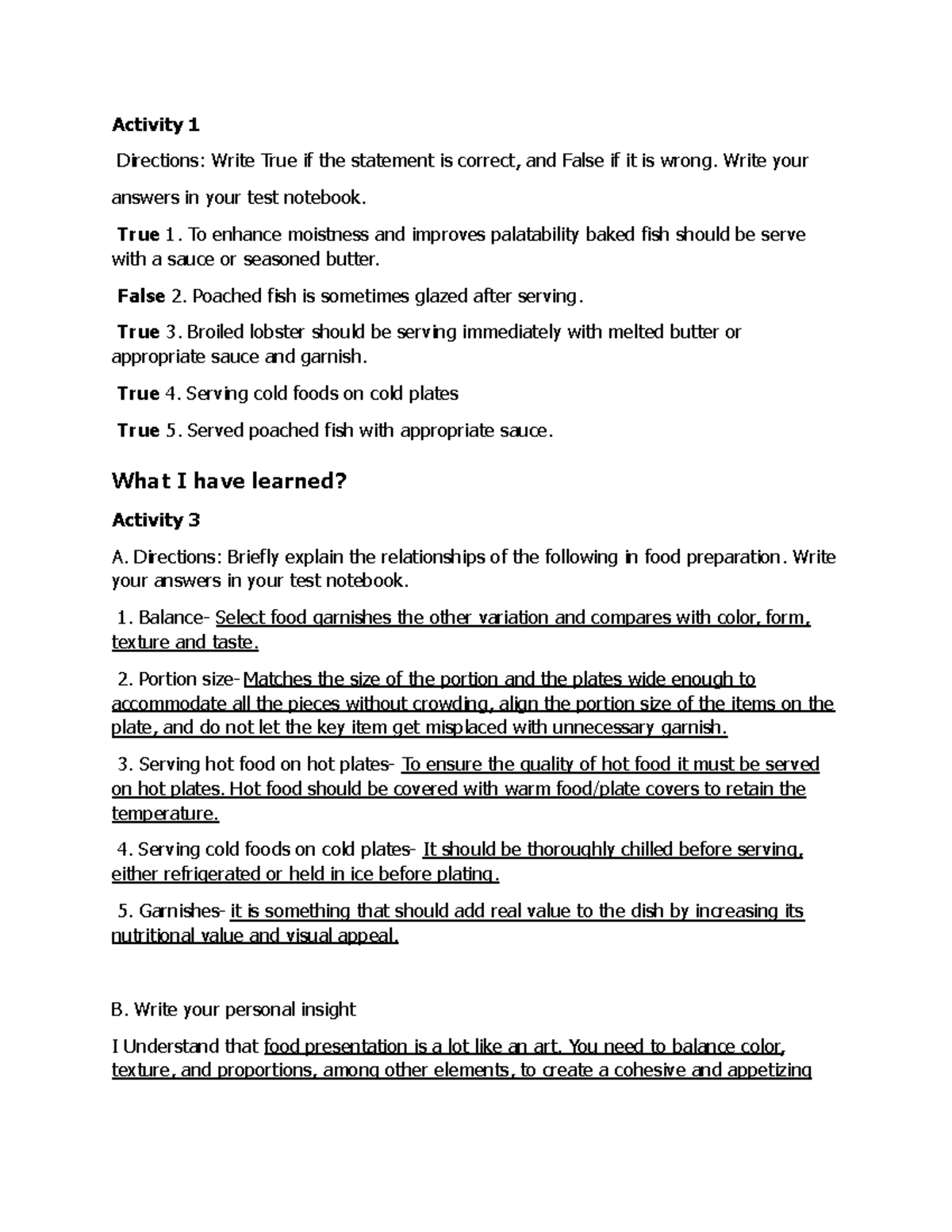 Cookery 2nd QT-Week 7 - Activity in TLE GRADE 10 - Activity 1 ...