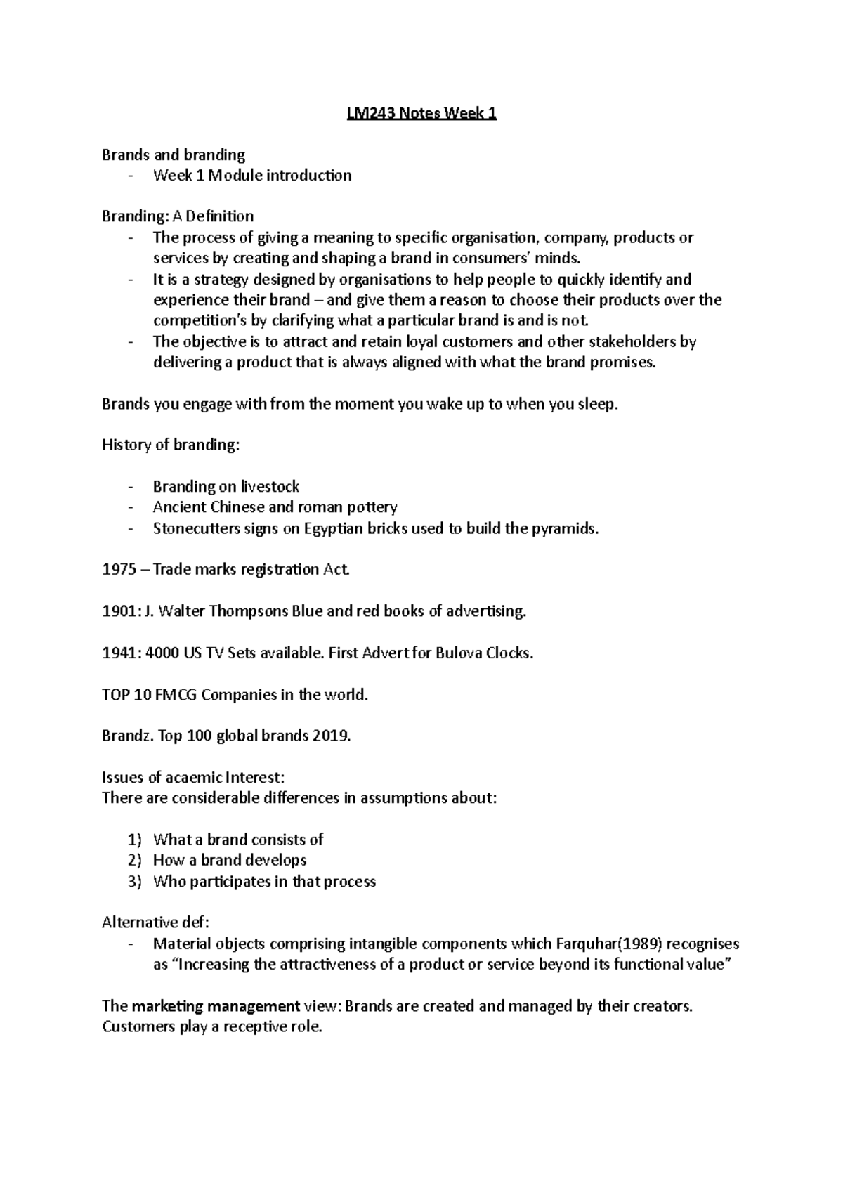 LM243 Notes week 1 - LM243 Notes Week 1 Brands and branding - Week 1 ...