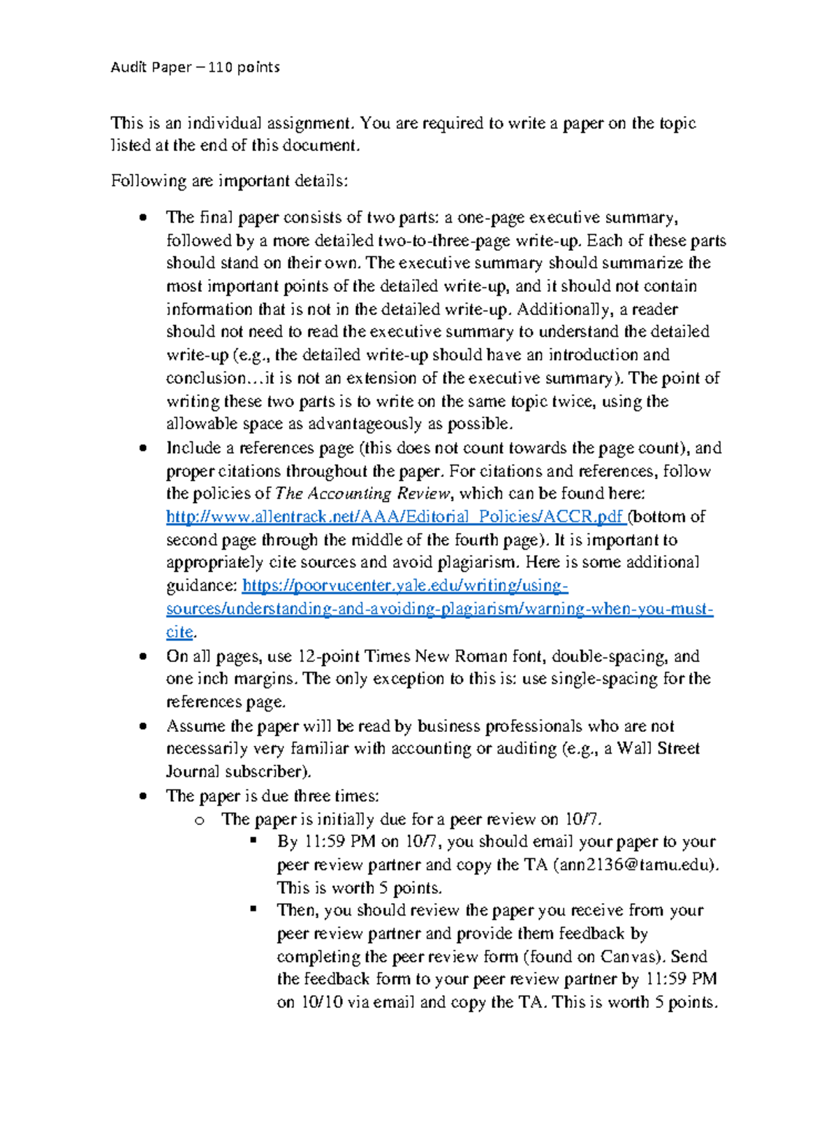 Audit paper requirements fall 2021 - Audit Paper 110 points This is an ...