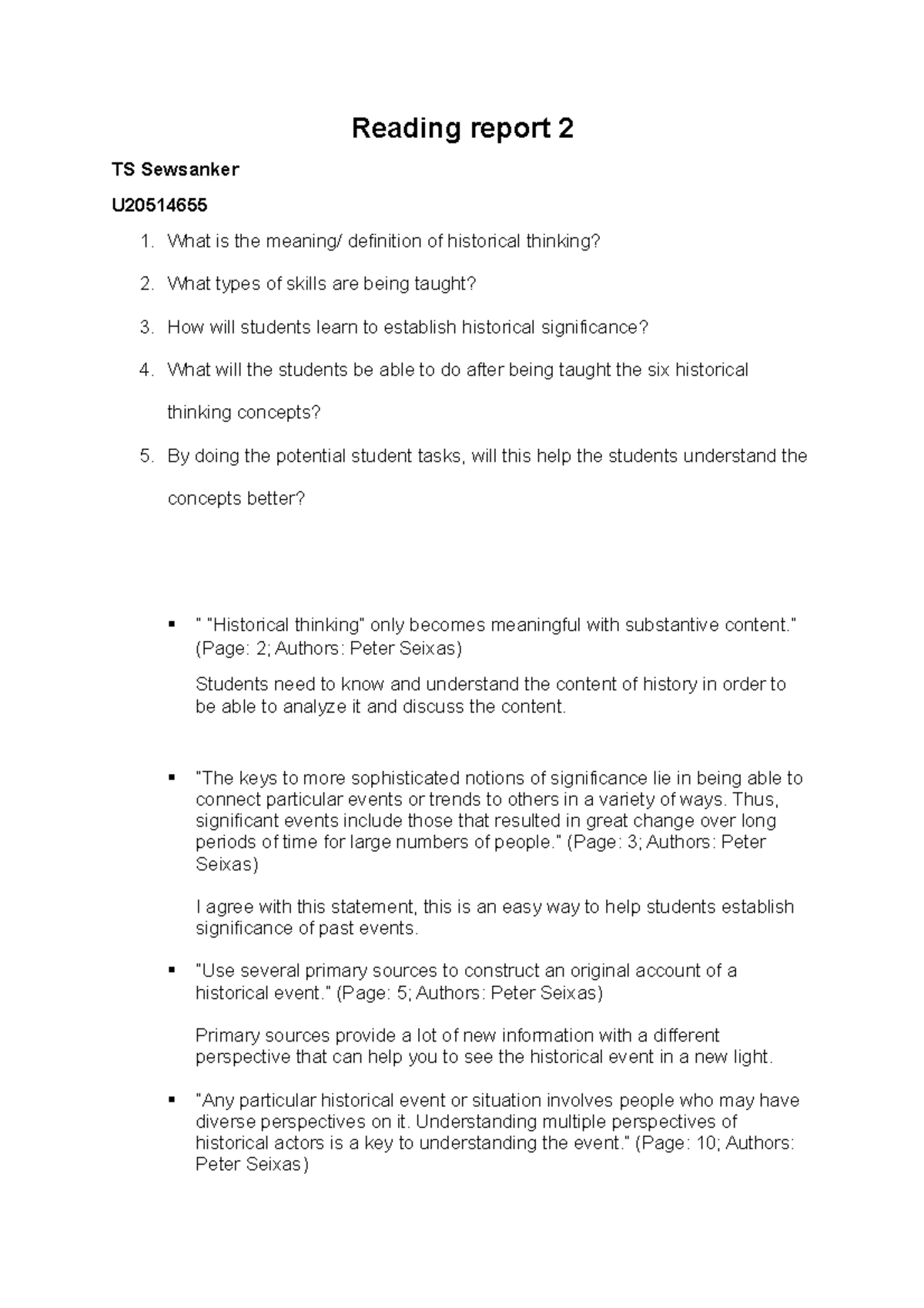GES 110 History reading report 2 - Reading report 2 TS Sewsanker U What ...