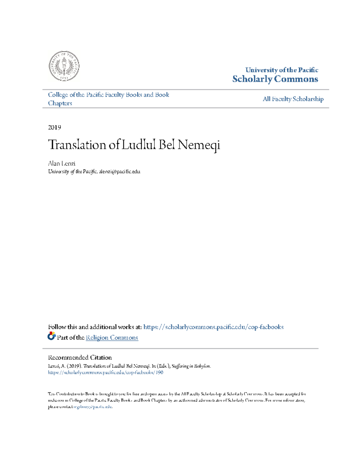 Translation of Ludlul Bel Nemeqi - University of the Pacific Scholarly ...
