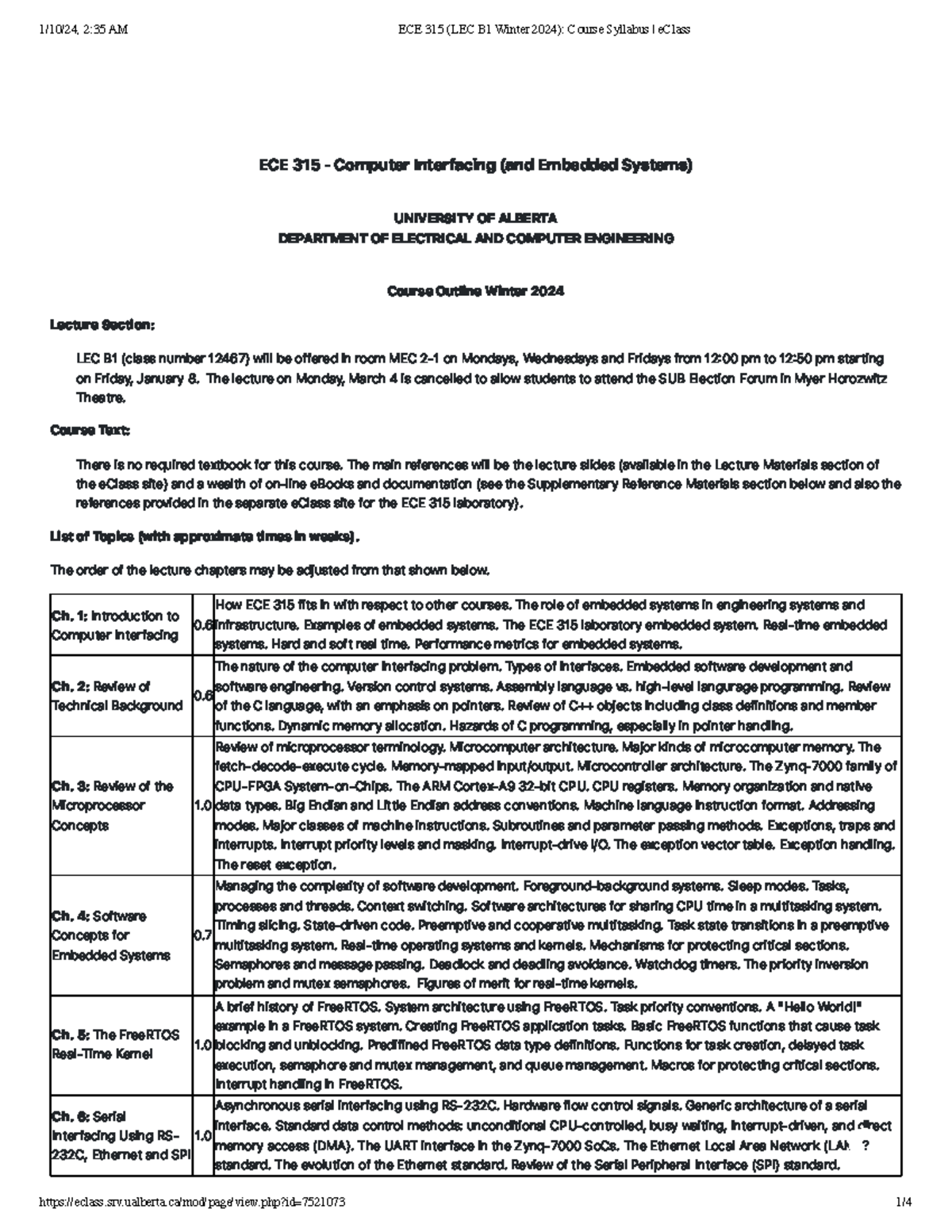 ECE 315 Sylabus - Summary Computer Interfacing - ECE 315 - Computer Interfacing (and Embedded ...