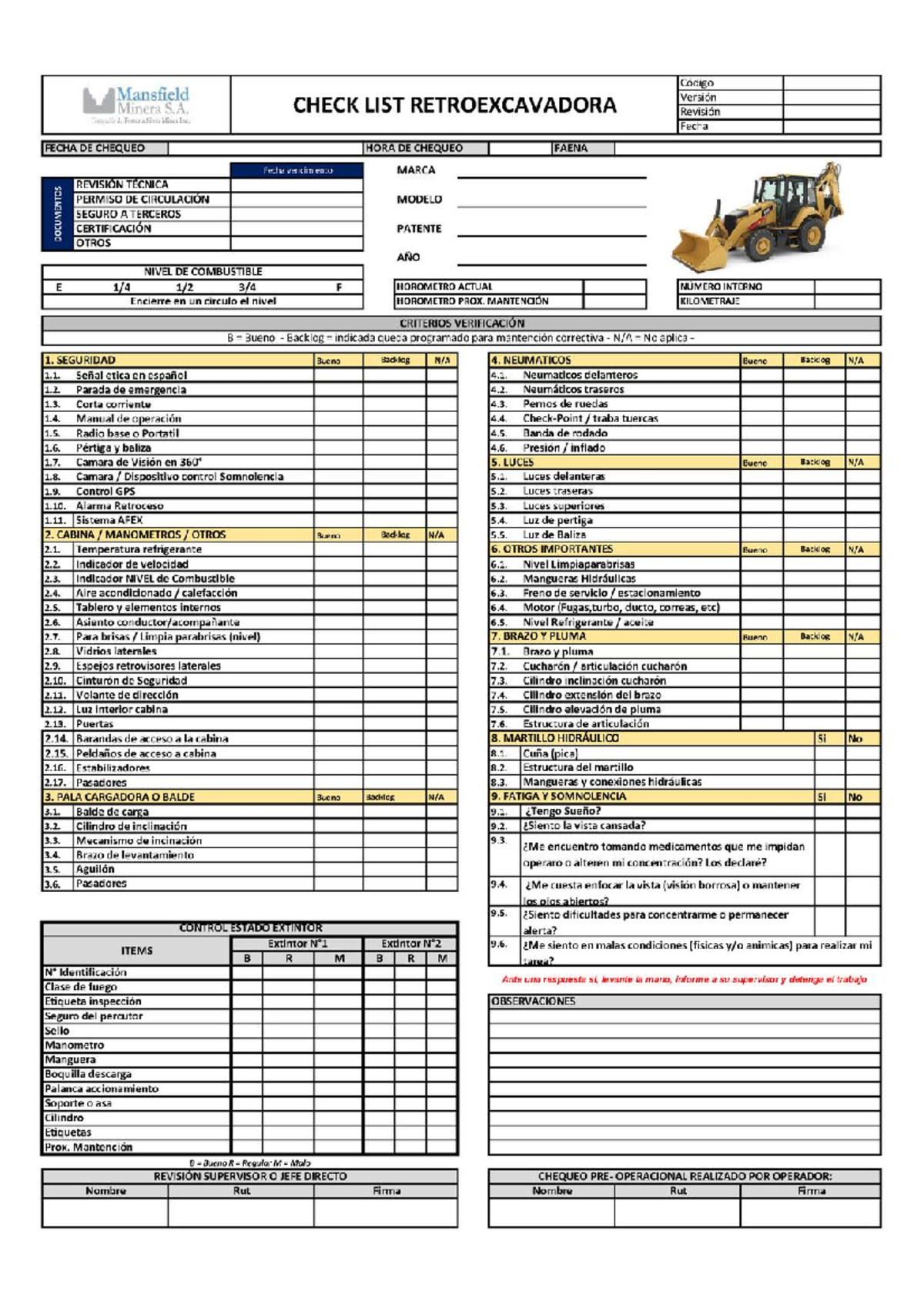 Check list retropala - Higiene y Seguridad Industrial - UNSa - Studocu