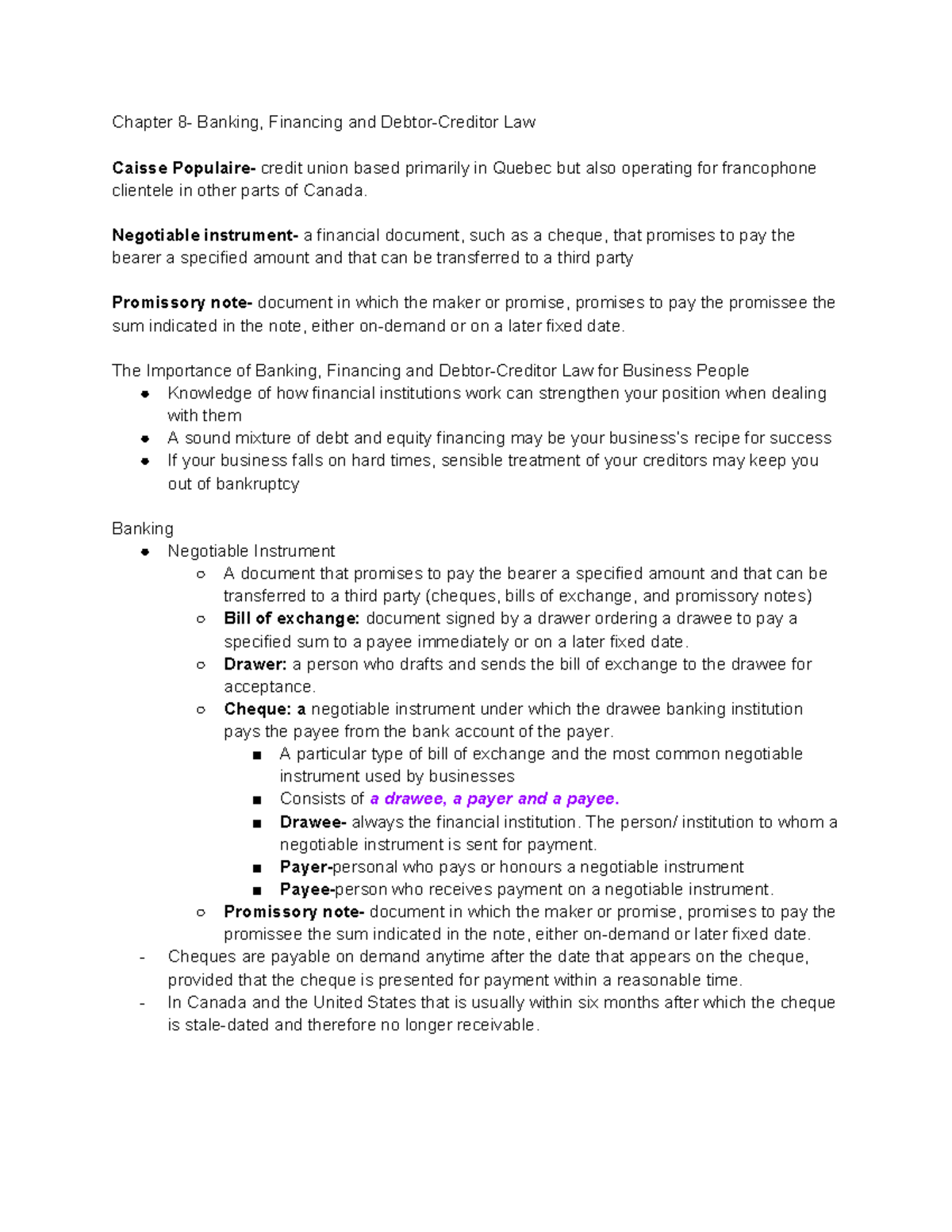 Chapter 8- Banking, Financing and Debtor-Creditor Law - Negotiable instrument- a financial ...