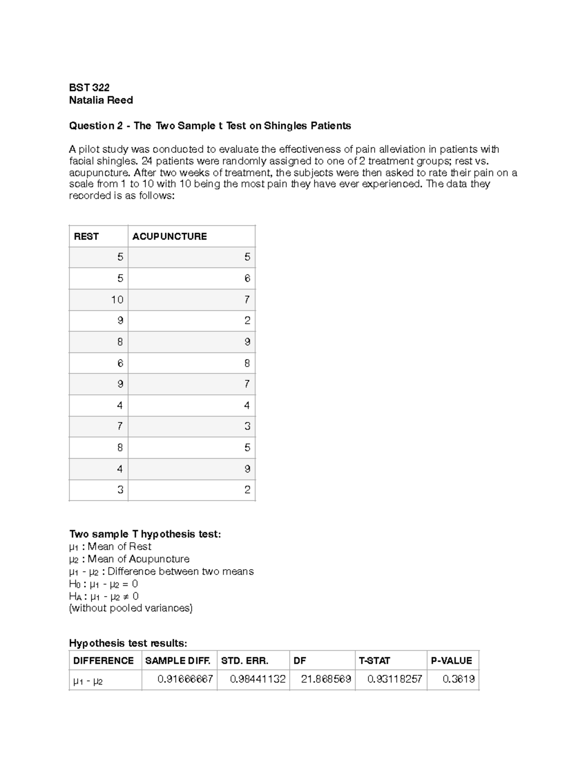 Week 2 Discussion 2 - Practice materials - BST 322 Natalia Reed Question 2 - The Two Sample t ...