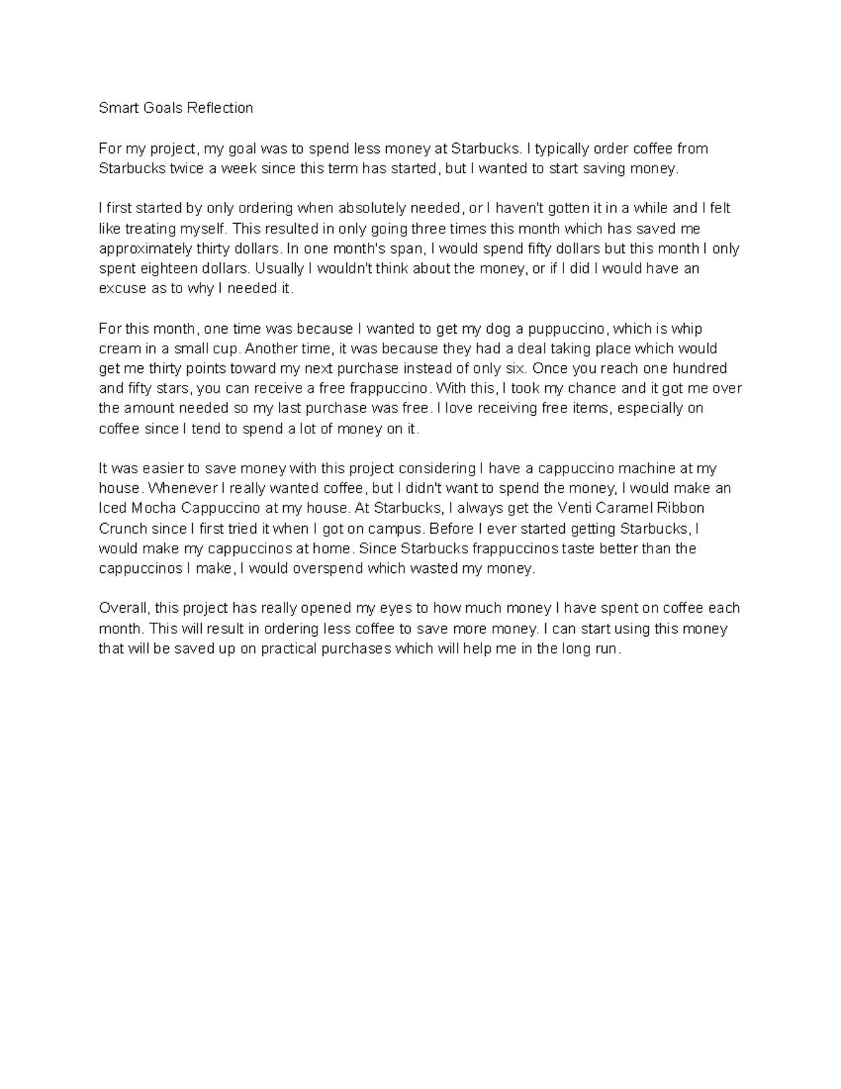 Smart Goals Reflection - I typically order coffee from Starbucks twice ...
