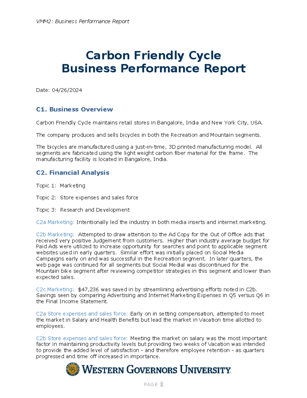 D361 Performance Assessment - VMM2: Business Performance Report Carbon ...