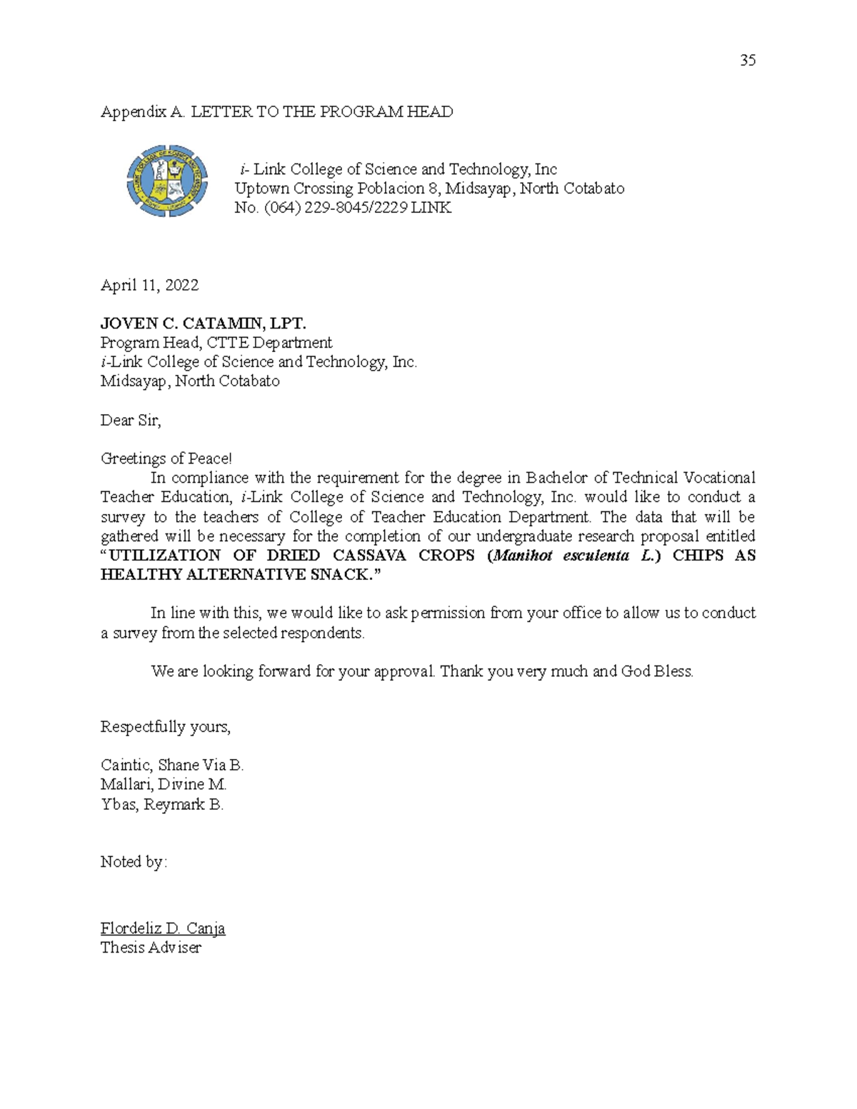 Appendices - portfolio purposes - Appendix A. LETTER TO THE PROGRAM ...