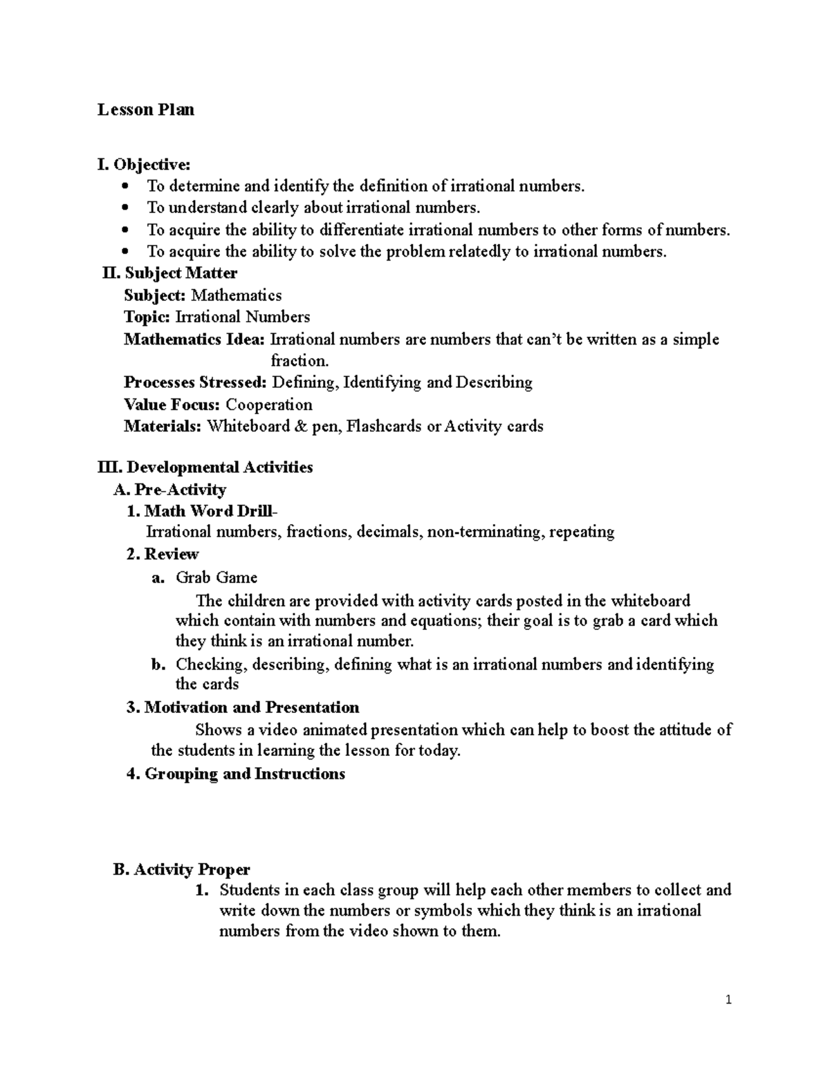 Lesson plan - Lesson Plan I. Objective: To determine and identify the ...