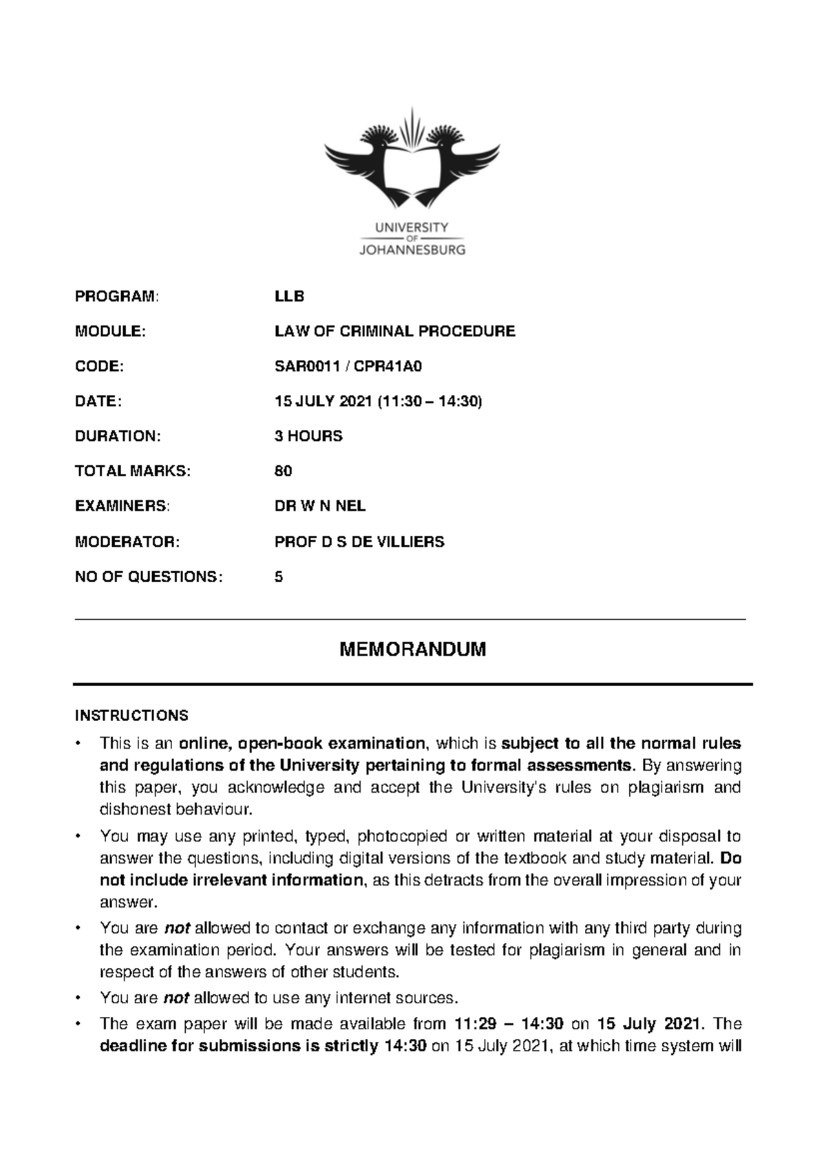 July Supp exam 2021 MEMO - PROGRAM: LLB MODULE: LAW OF CRIMINAL ...