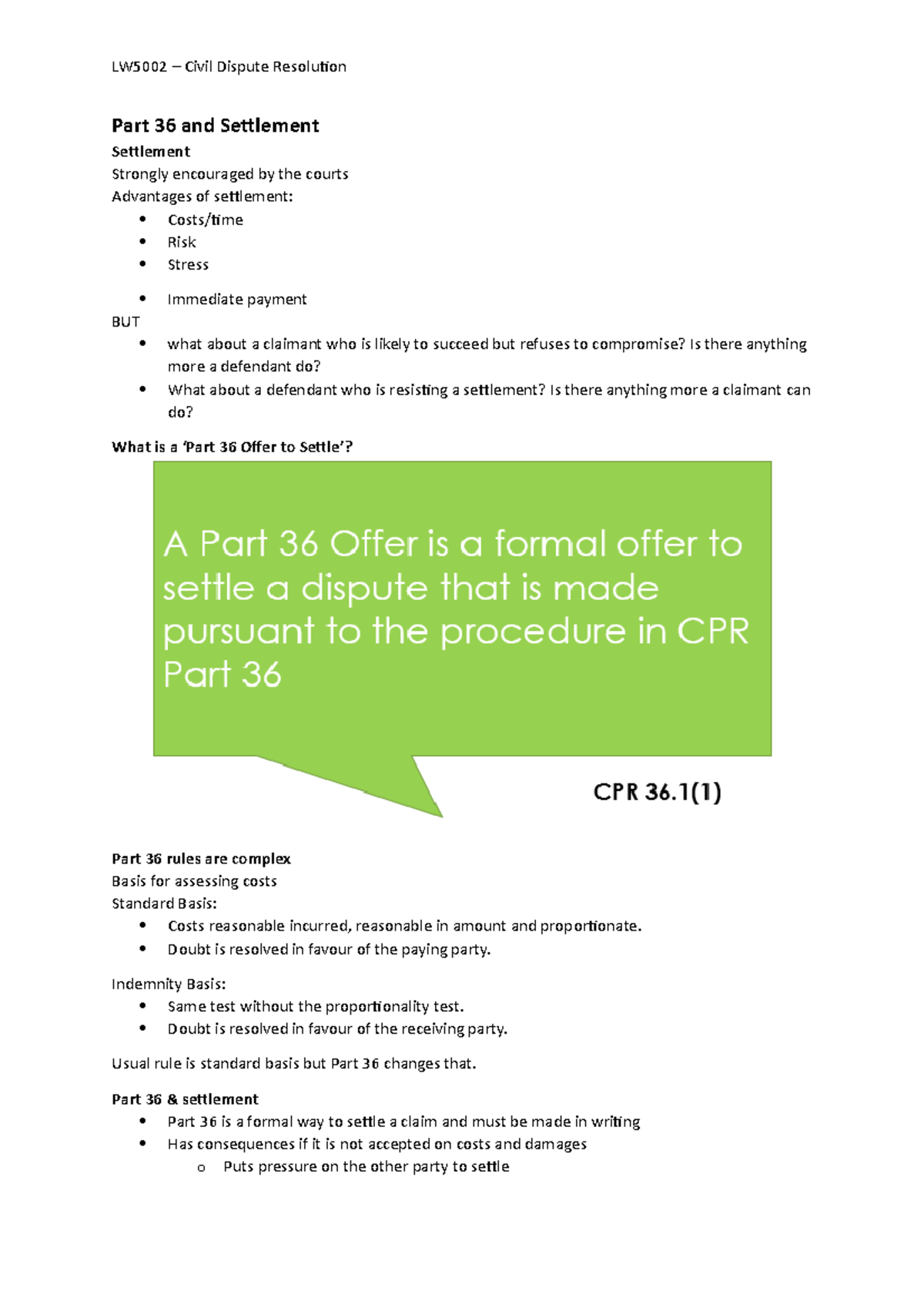 9. Part 36 and Settlement Notes - Part 36 and Settlement Settlement ...