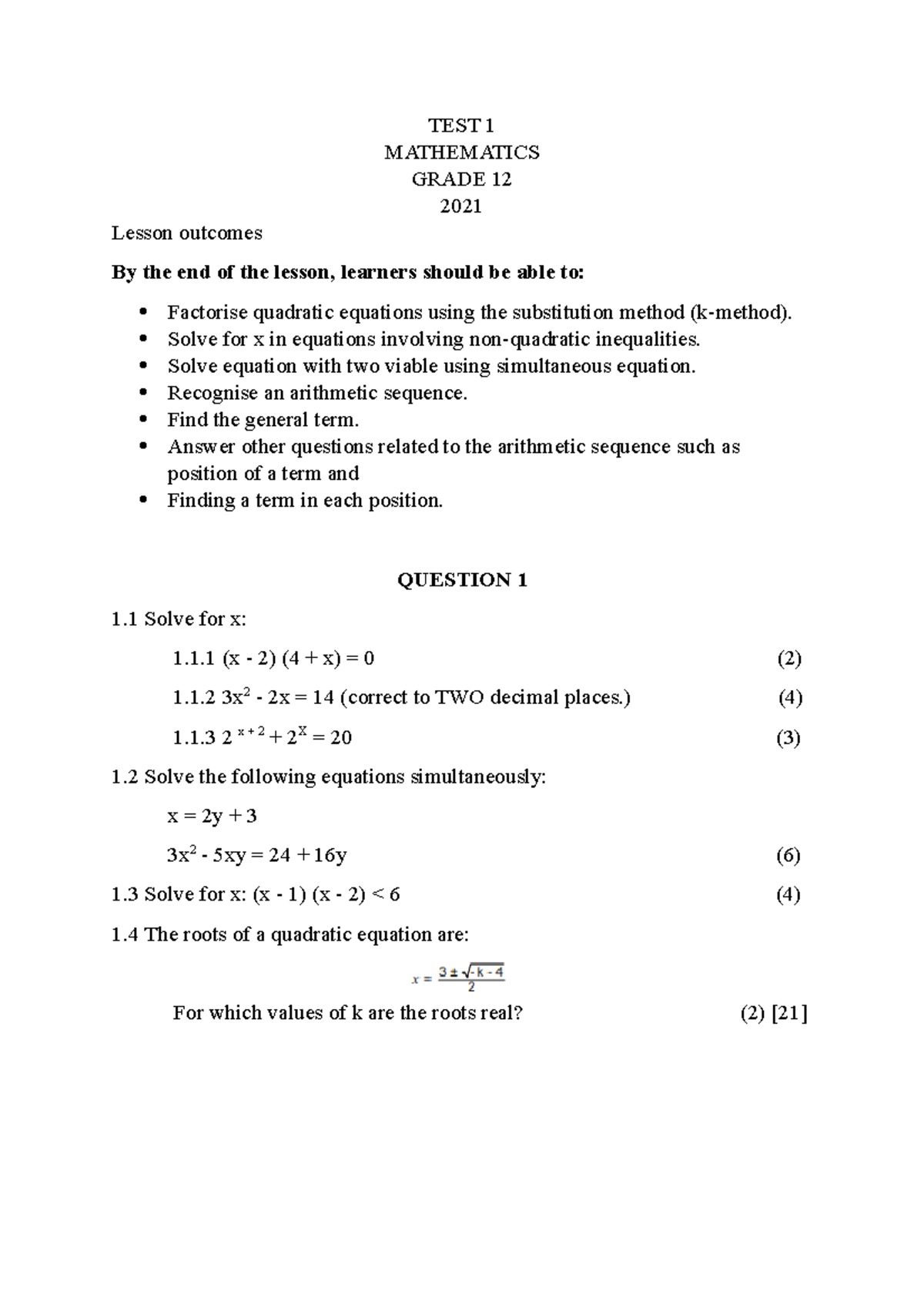 TEST 1 Design TEST 1 MATHEMATICS GRADE 12 2021 Lesson Outcomes By The test-1-design-test-1-mathematics-grade-12-2021-lesson-outcomes-by-the