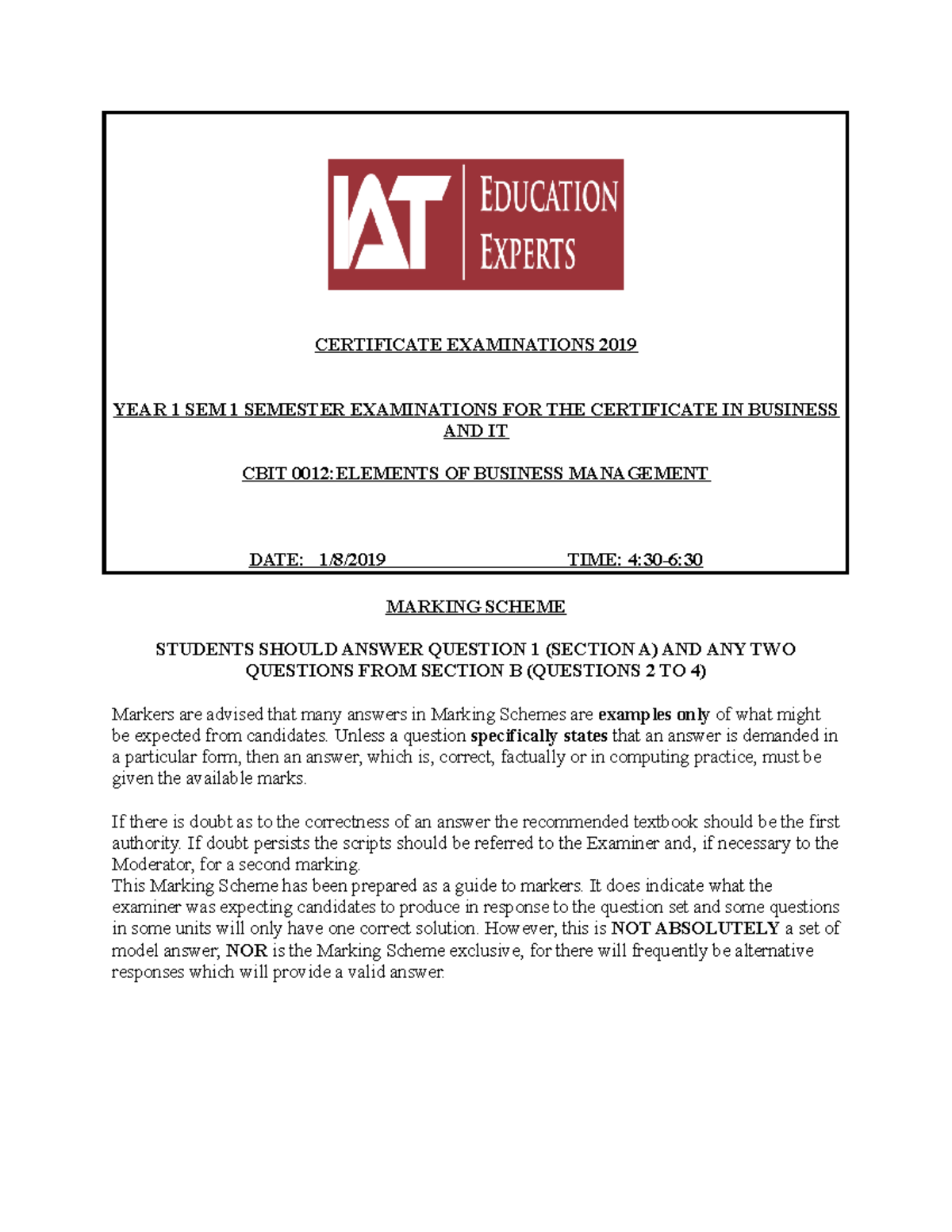 CBIT 0012 Elements of Business Mngt MS - CERTIFICATE EXAMINATIONS 2019 ...