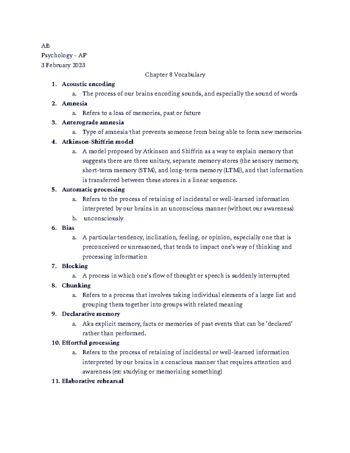 Chapter 8 Vocabulary AP Psych - AB Psychology - AP 3 February 2023 ...