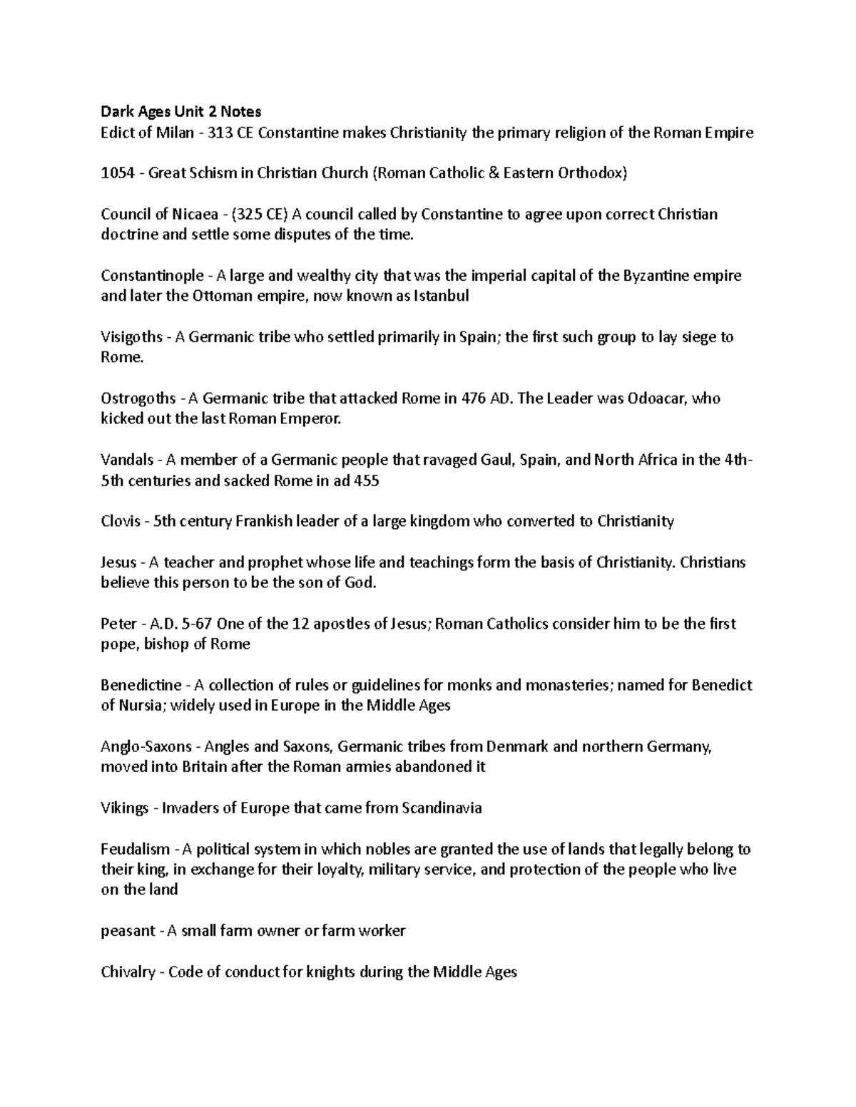Dark Ages Unit 2 Notes - Dark Ages Unit 2 Notes Edict of Milan - 313 CE ...