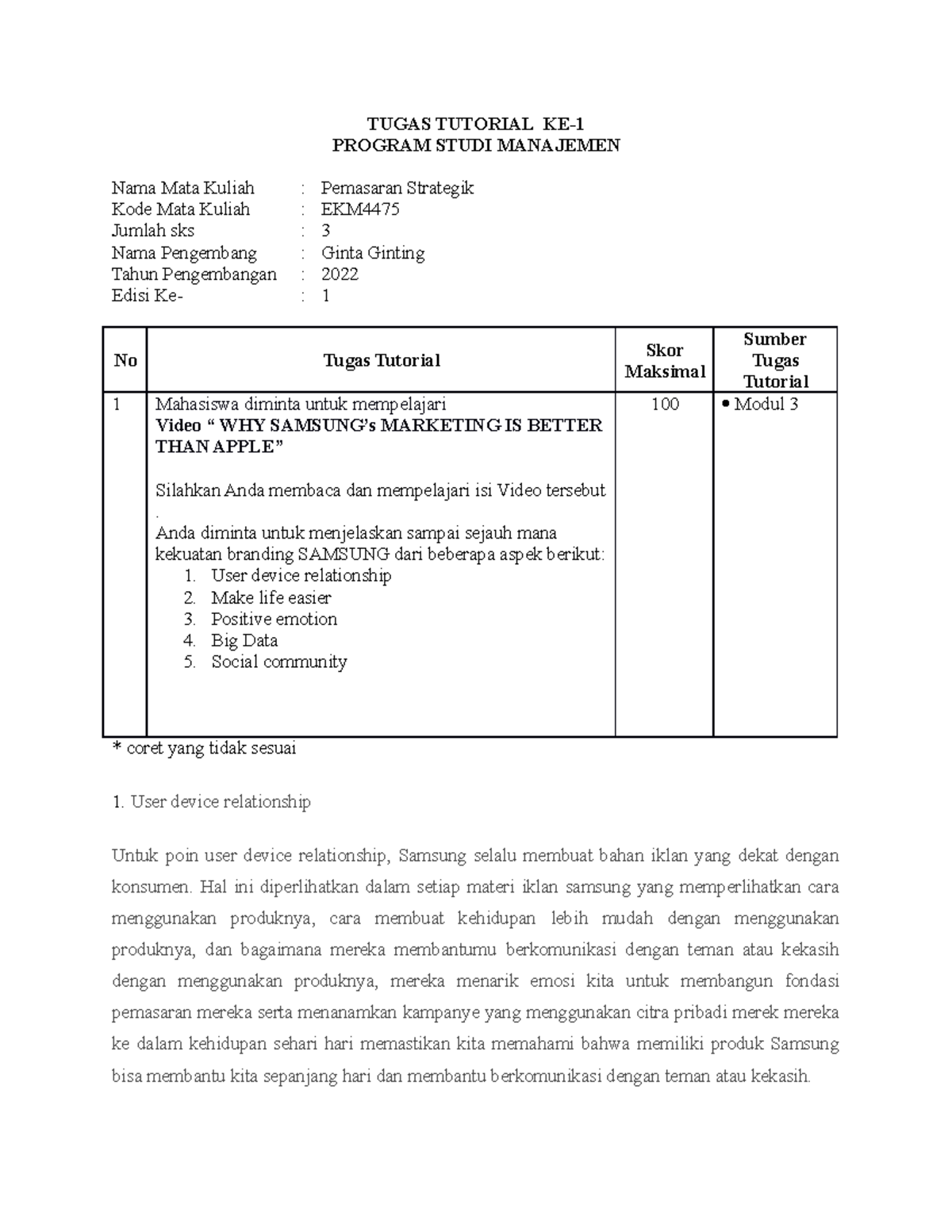 Tugas 1 pemasaran strategi - TUGAS TUTORIAL KE- PROGRAM STUDI MANAJEMEN ...