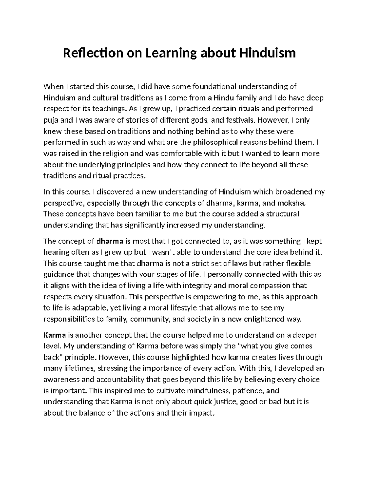 R&R Paper 1 - reflection - Reflection on Learning about Hinduism When I ...