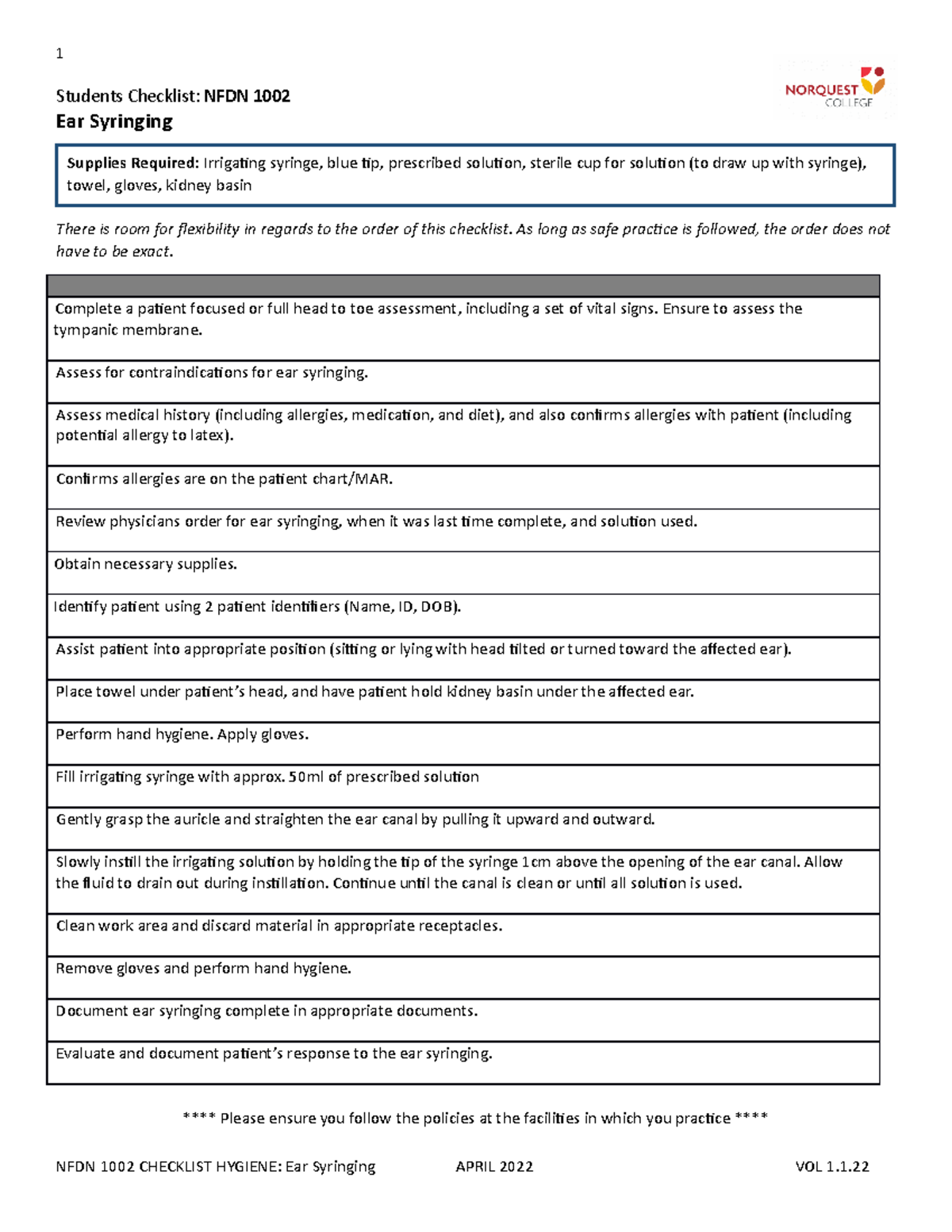 NFDN 1002 Checklist Ear syringing - 1 Students Checklist: NFDN 1002 Ear ...