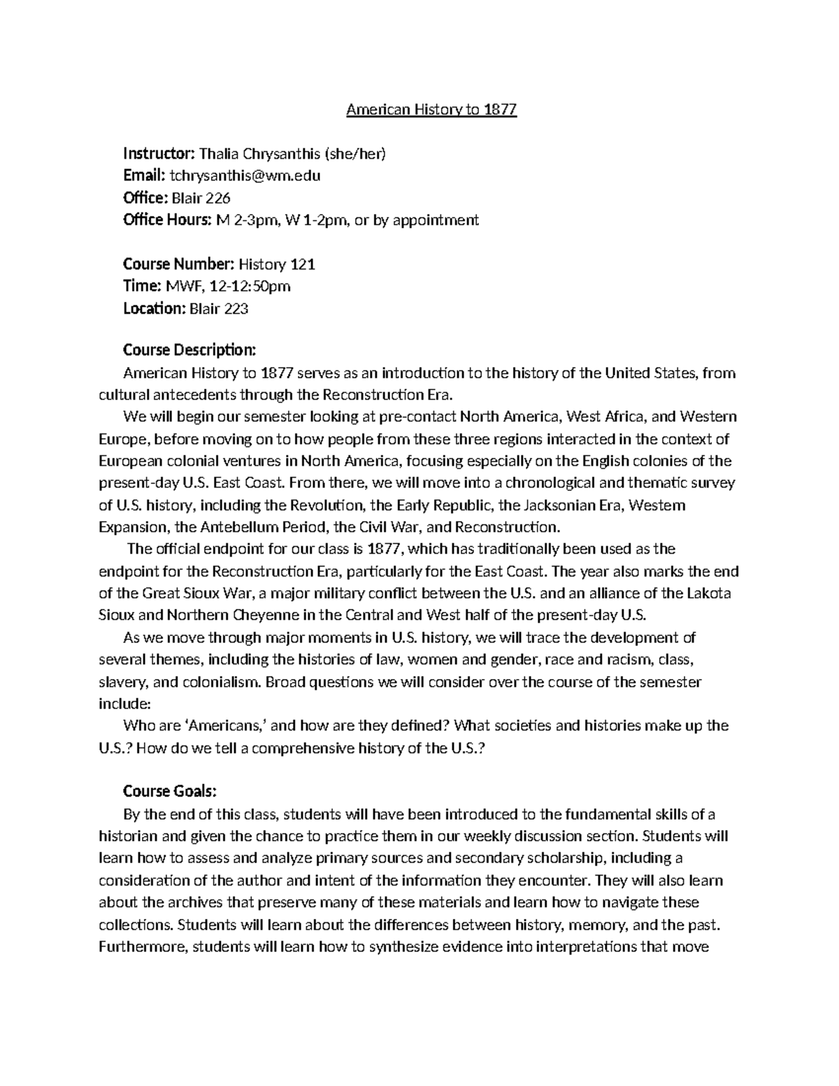 American History to 1877 Syllabus Final Fall 2023 - American History to ...