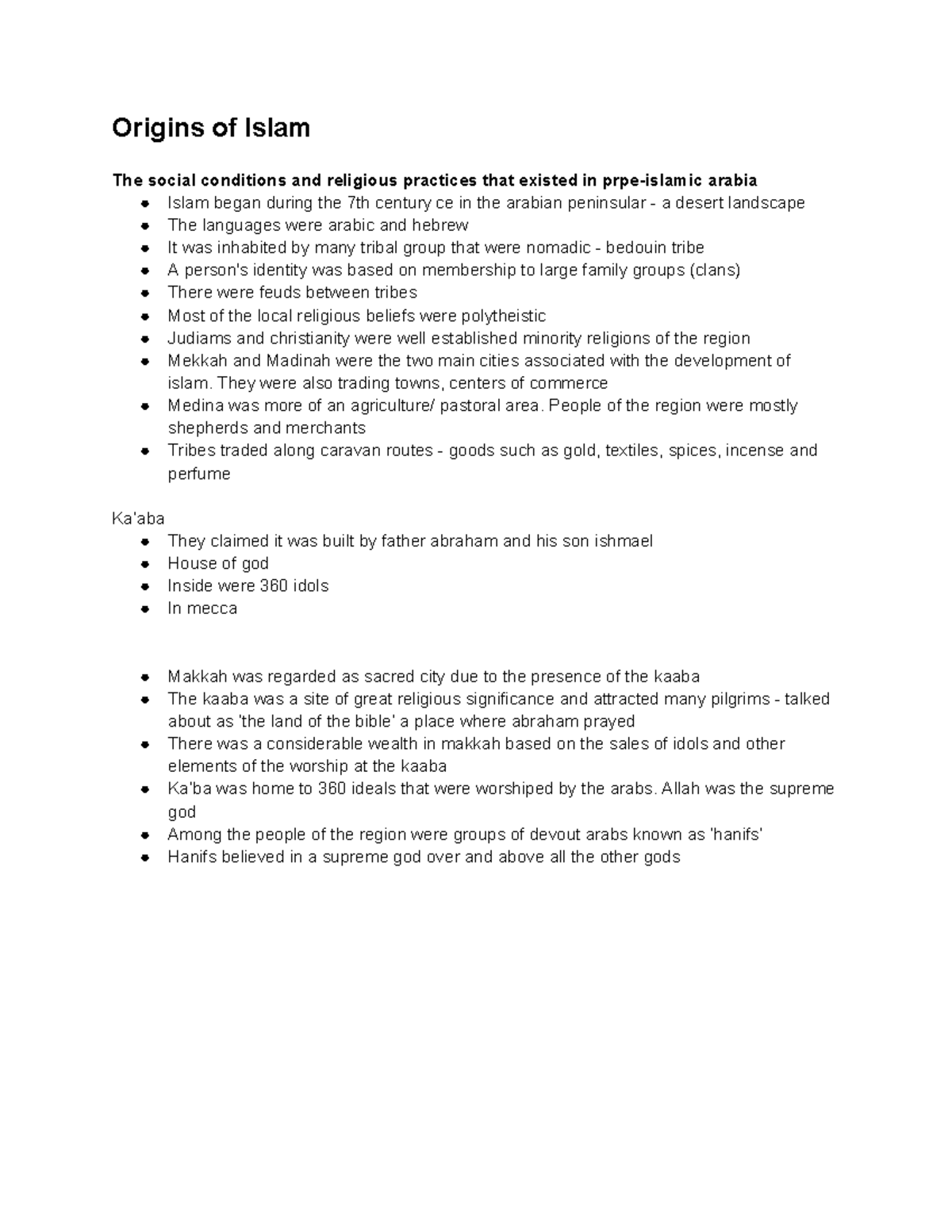 Origins of Islam - RE NOTES - Origins of Islam The social conditions ...