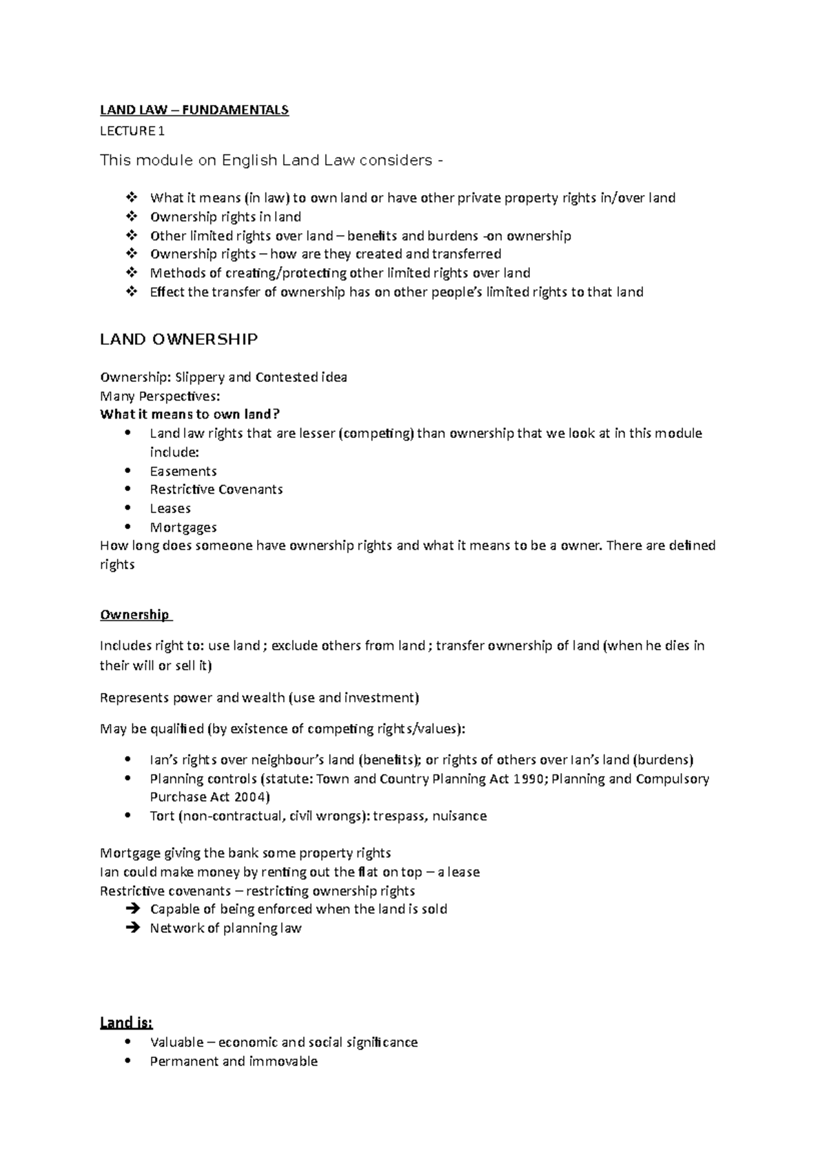 WEEK 1 LAND LAW Fundamentals - LAND LAW – FUNDAMENTALS LECTURE 1 This ...