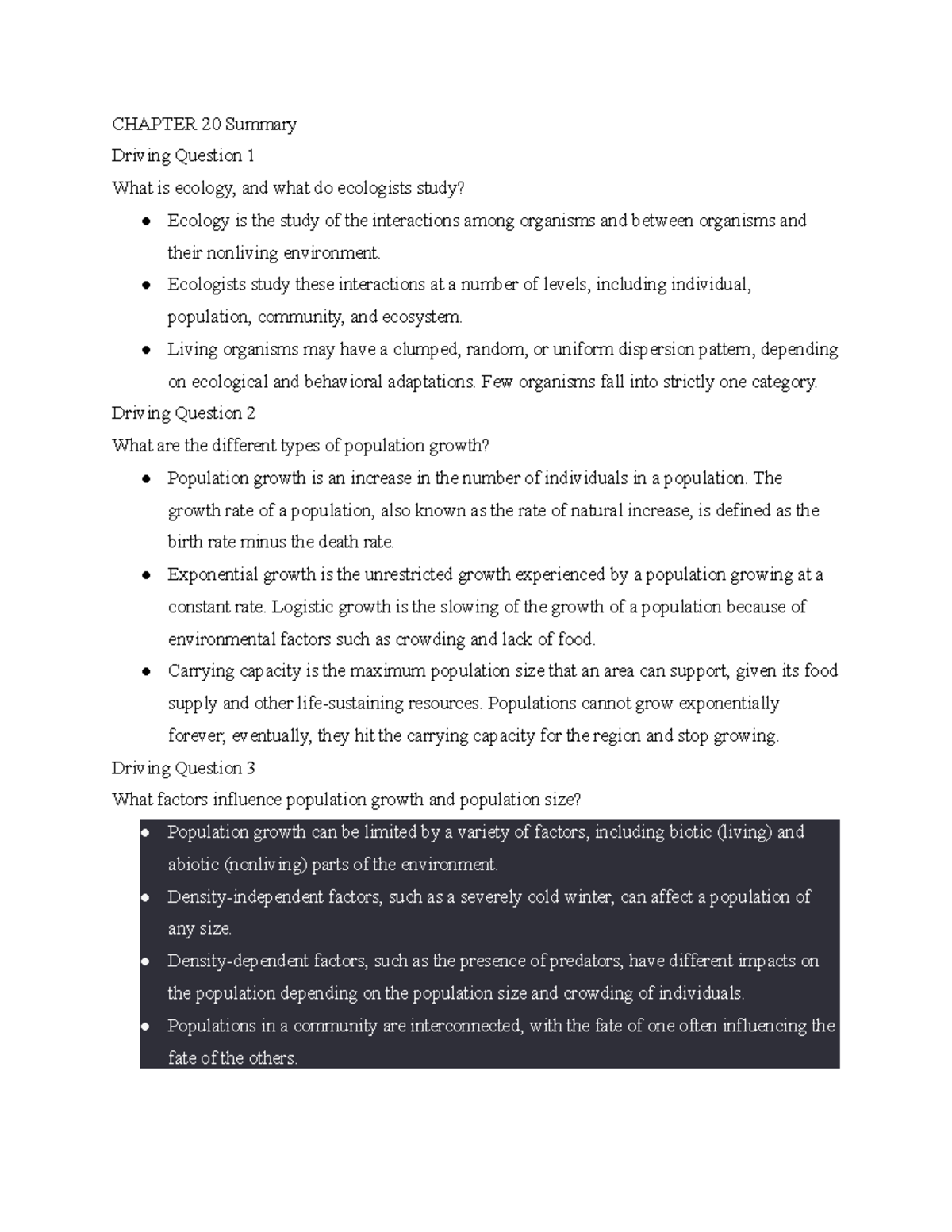 Bio 1409- Chapter 20 Summary - CHAPTER 20 Summary Driving Question 1 ...