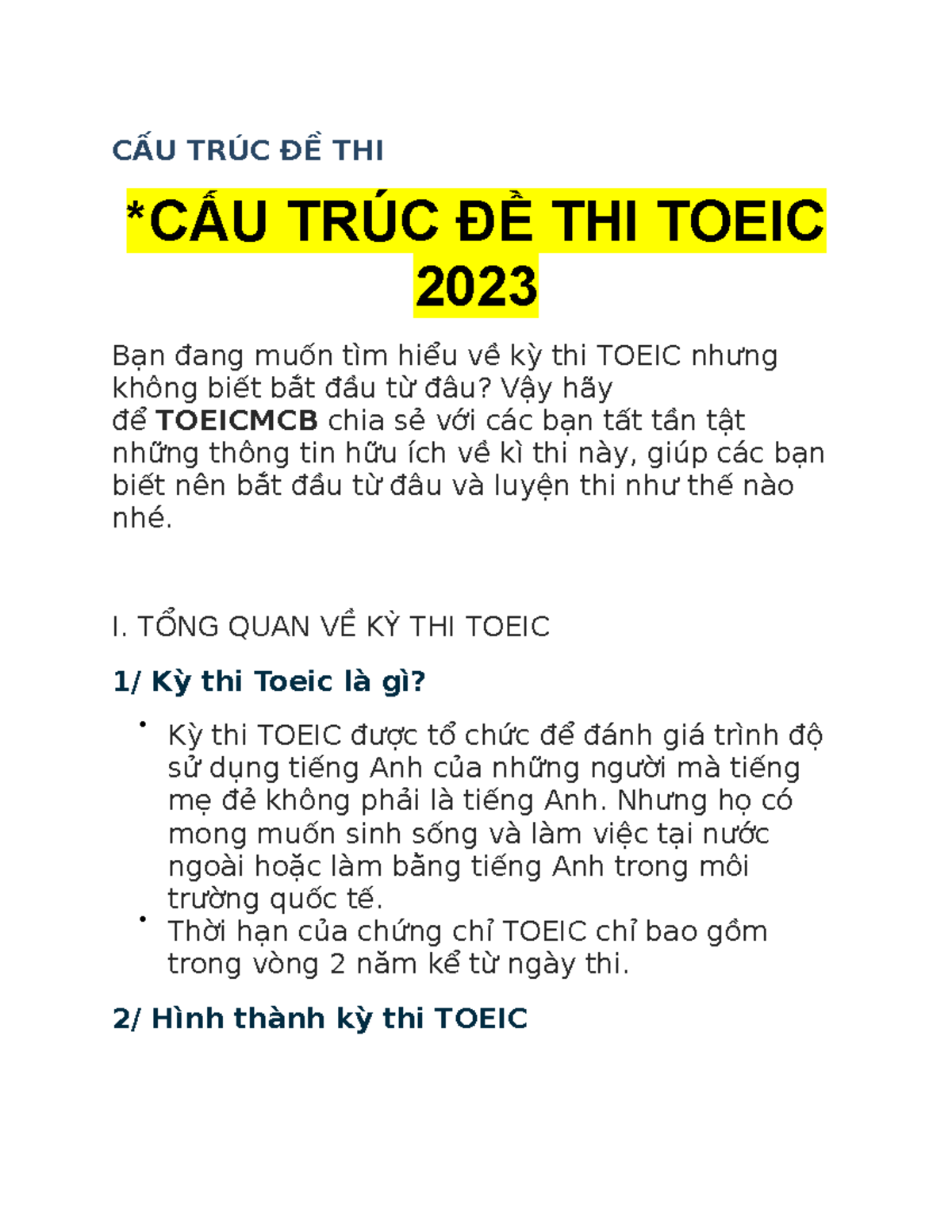CẤU TRÚC ĐỀ THI 2023 update - CẤU TRÚC ĐỀ THI *CẤU TRÚC ĐỀ THI TOEIC ...