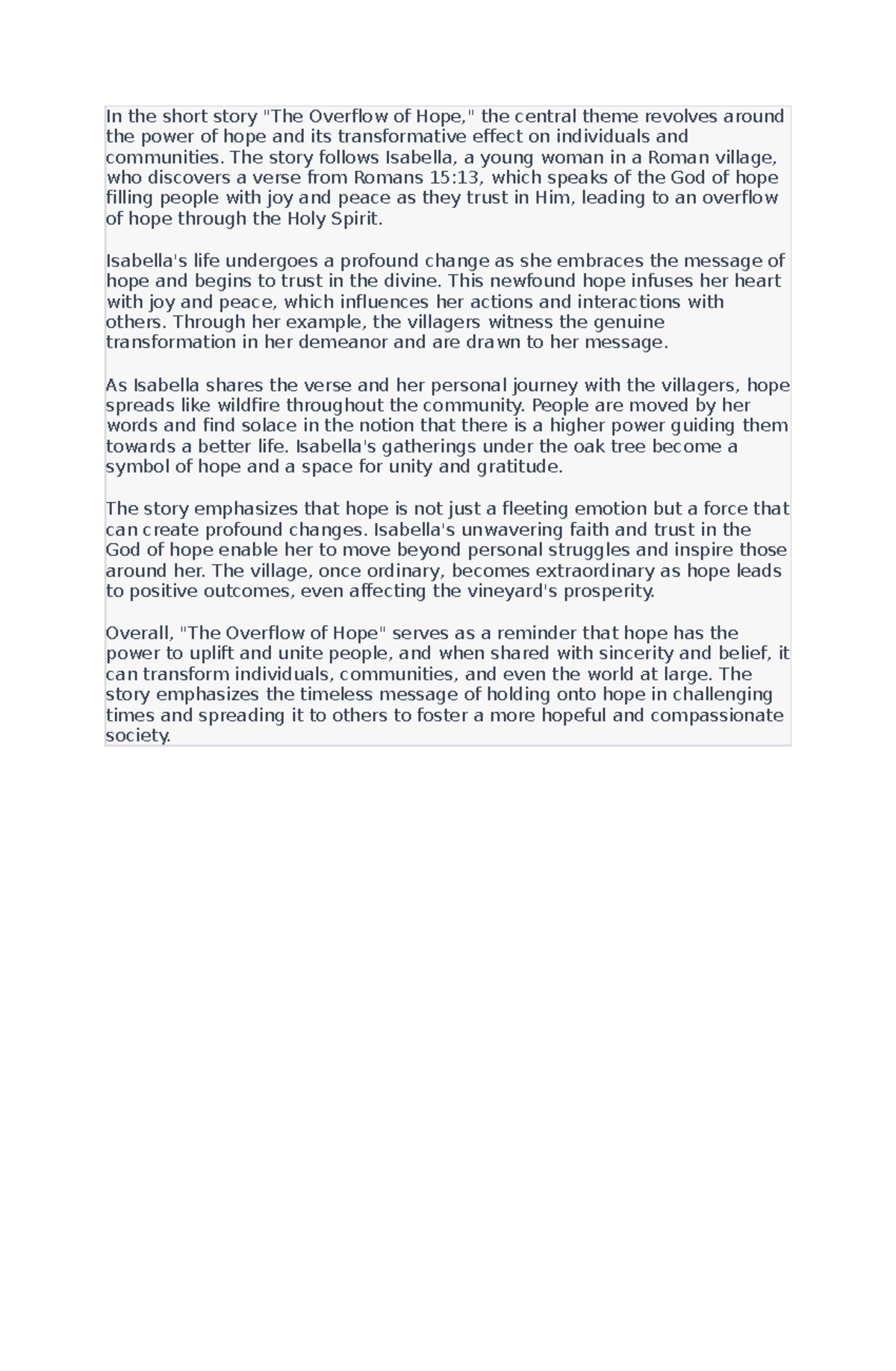 Activity 3 explanation - In the short story "The Overflow of Hope," the ...