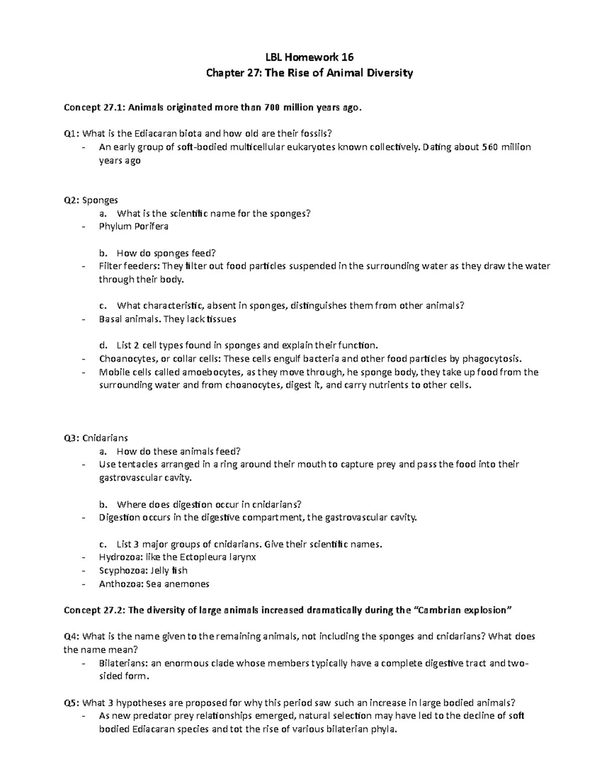 LBL16 - Animals - Professor Micheal Jorgensen - LBL Homework 16 Chapter ...