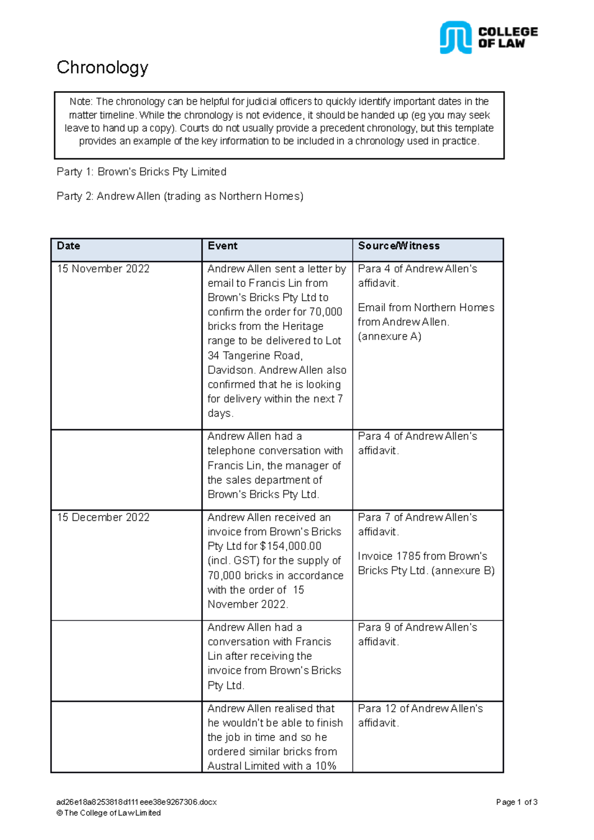 CL T2 A2 Chronology template Navsw 2022 11 10 - Chronology Party 1 ...