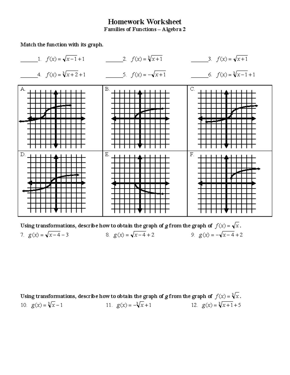 Families of Functions HW - Homework Worksheet Families of Functions ...