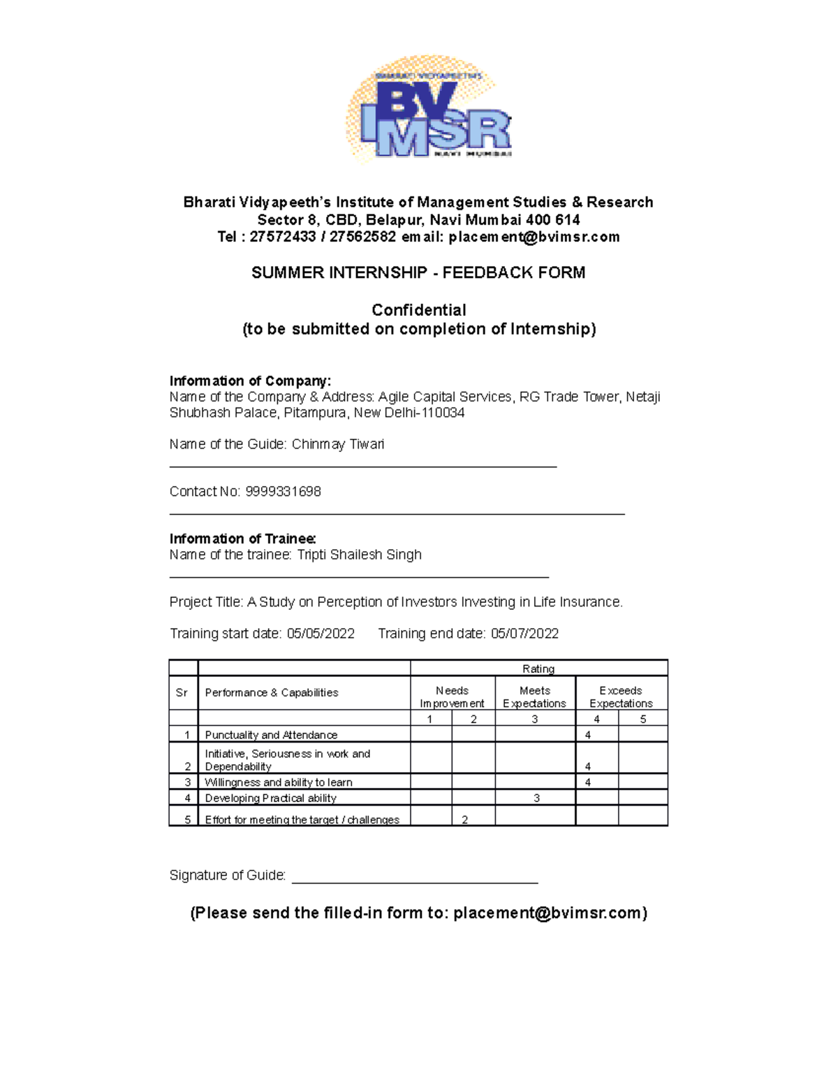 Summer internship feedback form - Copy1 - Bharati Vidyapeeth’s ...