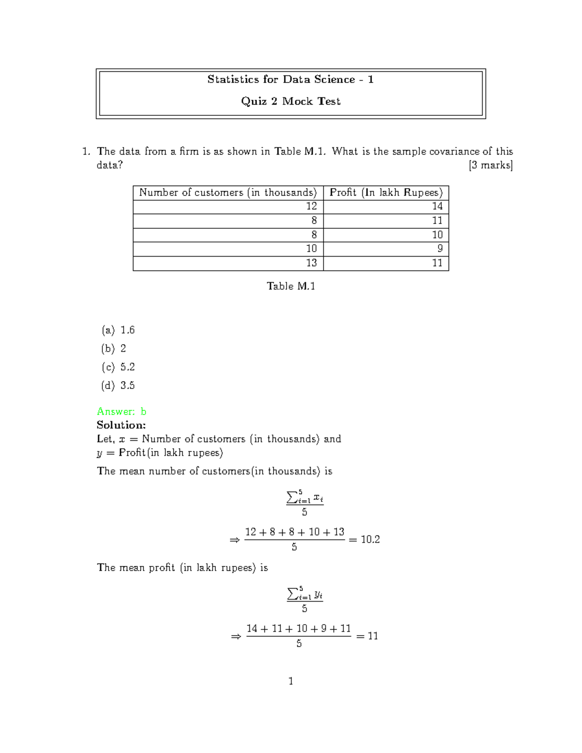 Quiz 2 Mock Sept 2023 Solution - Statistics for Data Science - 1 Quiz 2 ...