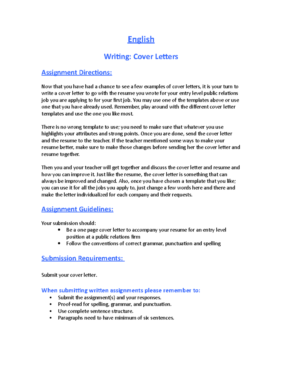 Writing Cover Letters - English Writing: Cover Letters Assignment ...