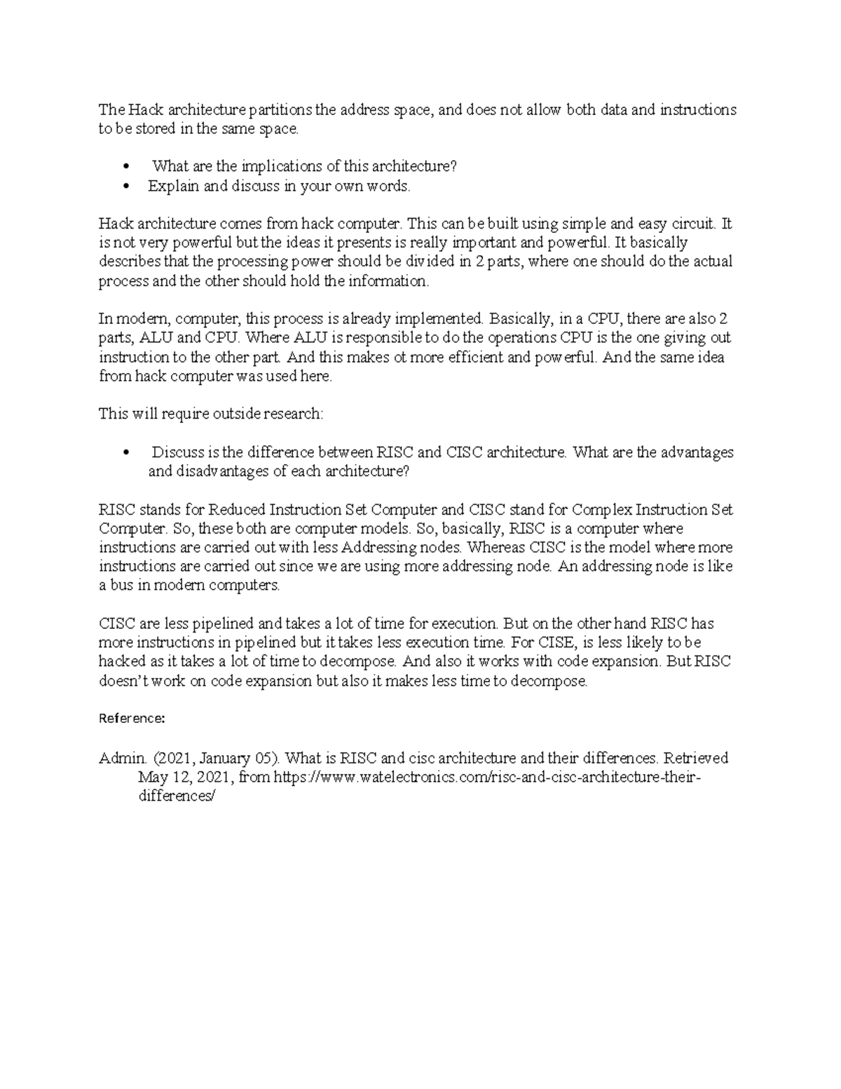 Discussion Assignment Unit 5 The Hack Architecture Partitions The Address Space And Does Not