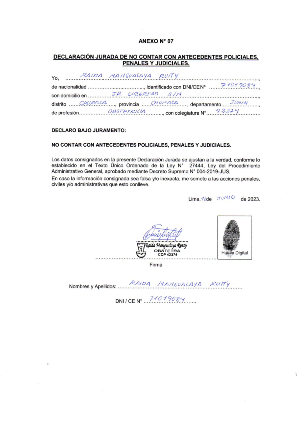 08-declaracion jurada de no contar con antecedentes policiales,penales ...
