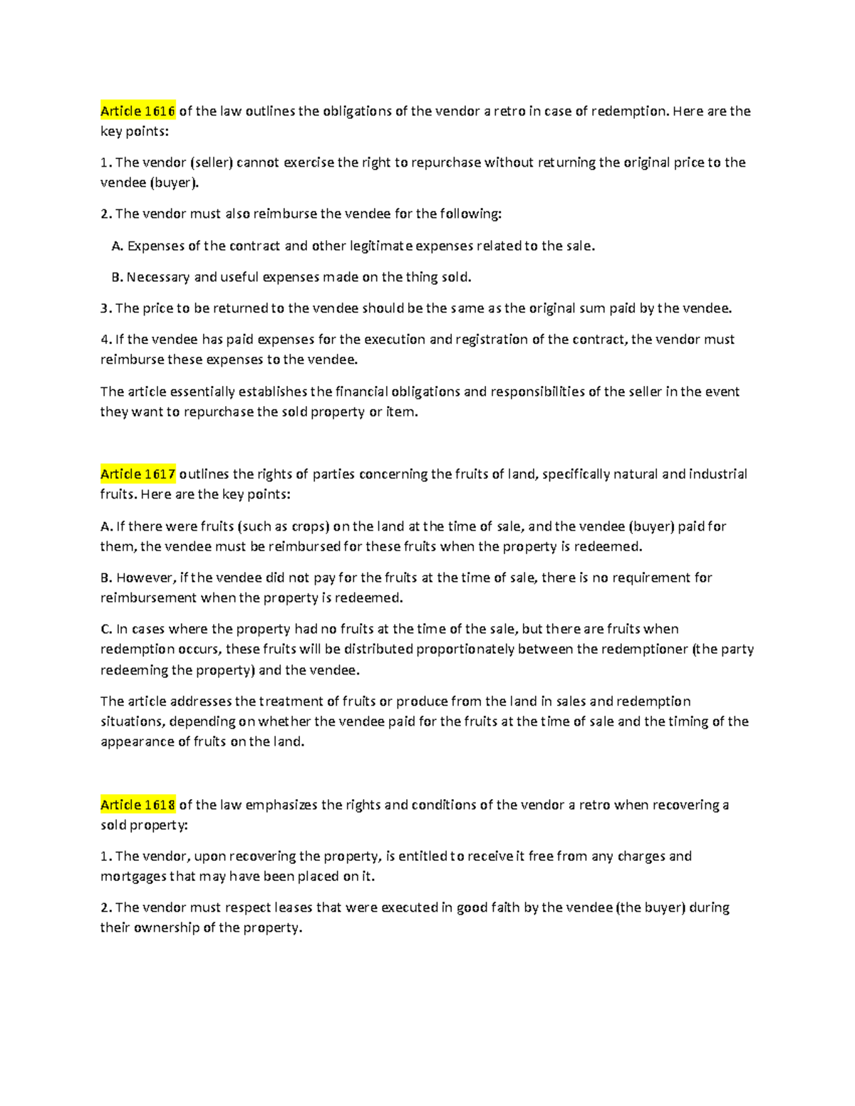 Article 1616 Article 1623 - Article 1616 of the law outlines the obligations of the vendor a ...