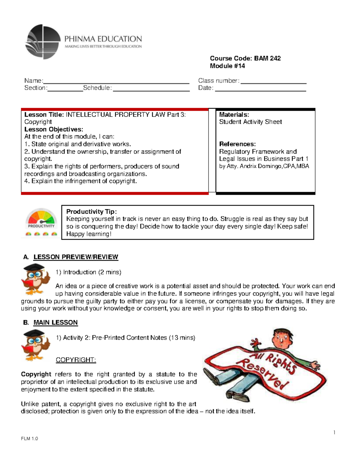 BAM 242 MODULE 14 - Module # Name: Section: Schedule: Class number ...