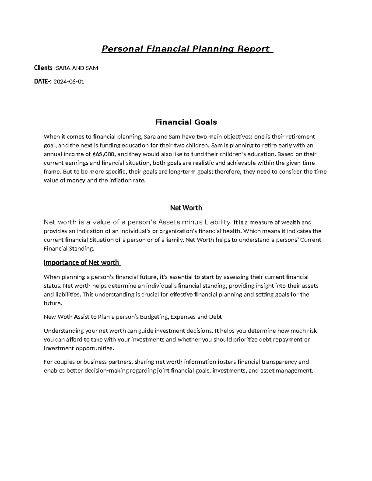 Personal Financial Planning Report - Personal Financial Planning Report ...
