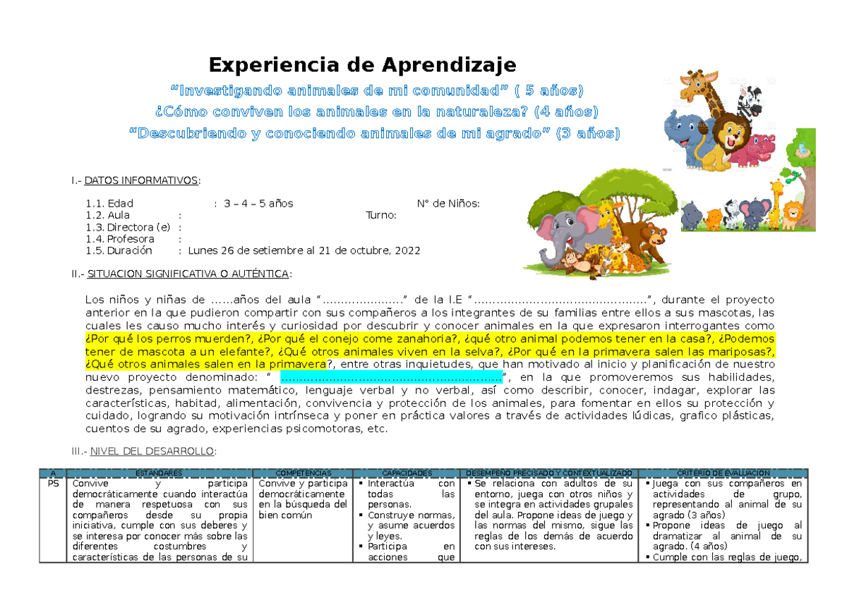 Proyecto de los animales - Experiencia de Aprendizaje “Investigando ...